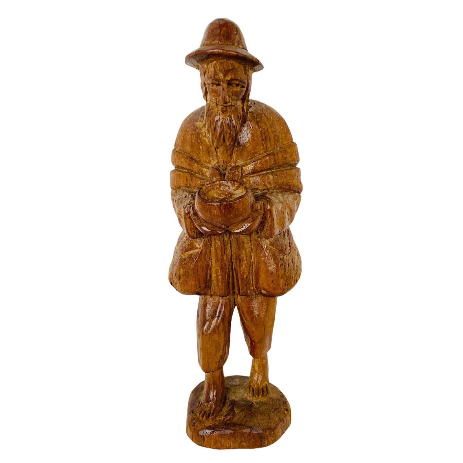 VINTAGE 6" HAND CARVED WOOD OLD MAN BEGGAR TRAVELER FIGURE SCULPTURE ...
