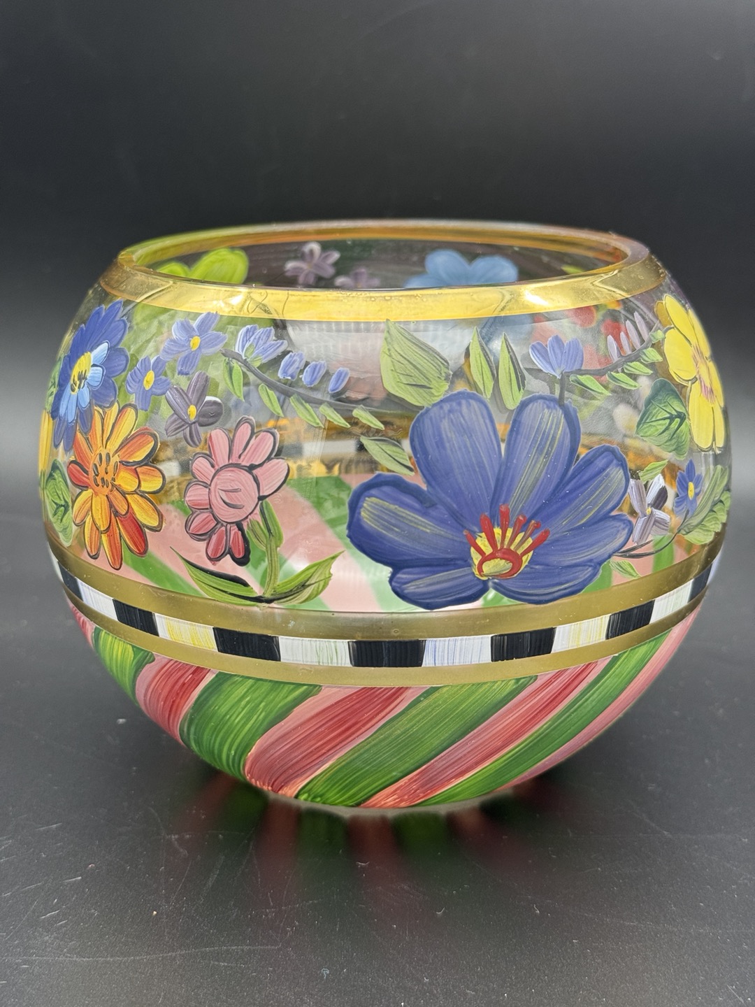 MacKenzie Childs Glass Floral Bowl Vase Heirloom Black White Stripes Floral