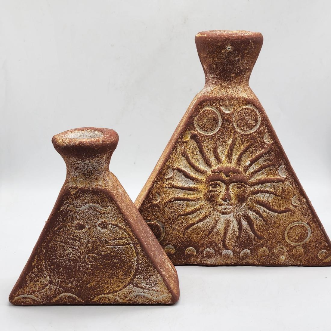 2 Vintage Mexican Terra Cotta Redware Sun & Moon Triangular Geometric Vases