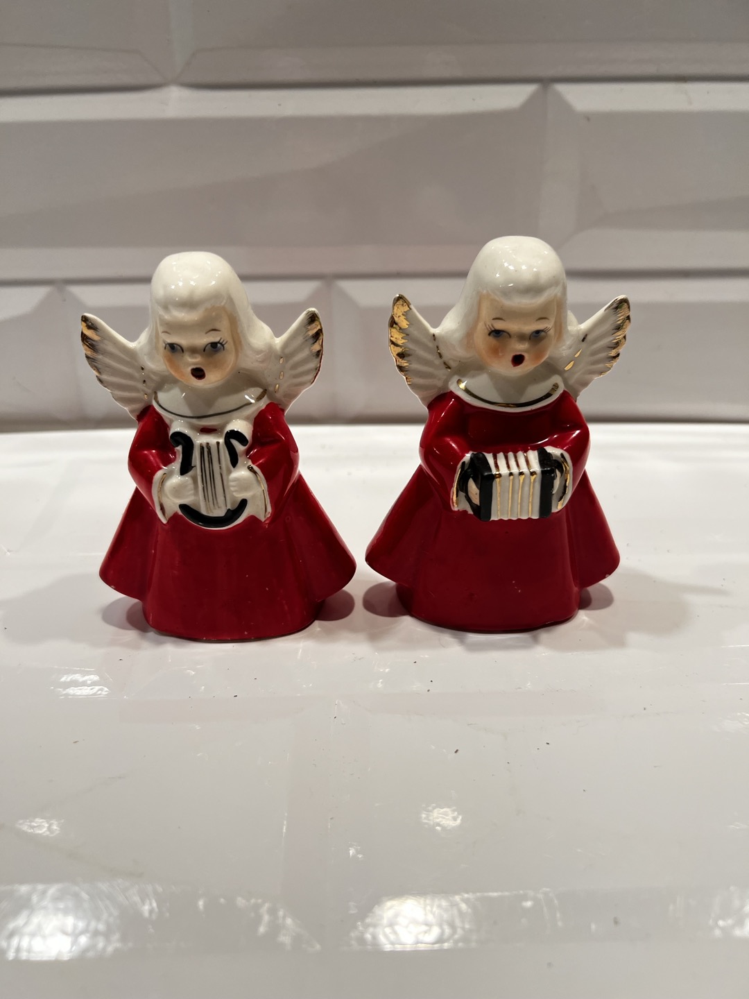Vintage Unmarked Christmas Musical Angels Set/2 Concertina & Harp Japan