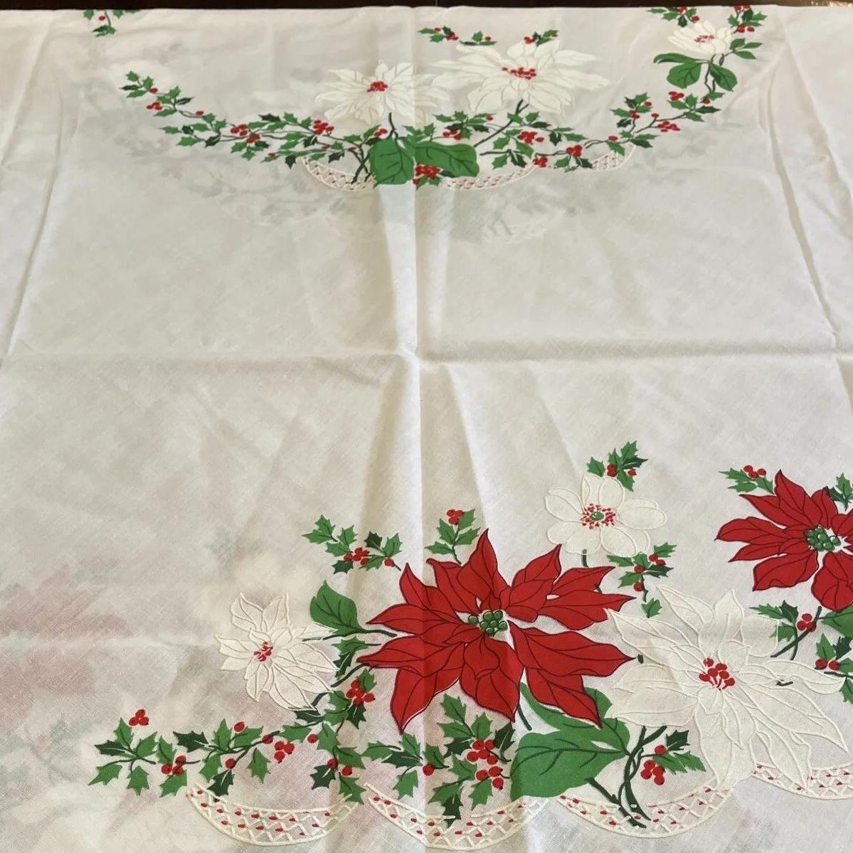 Vintage 70s Round 70” Tablecloth Holiday Christmas Poinsettia Embossed ...