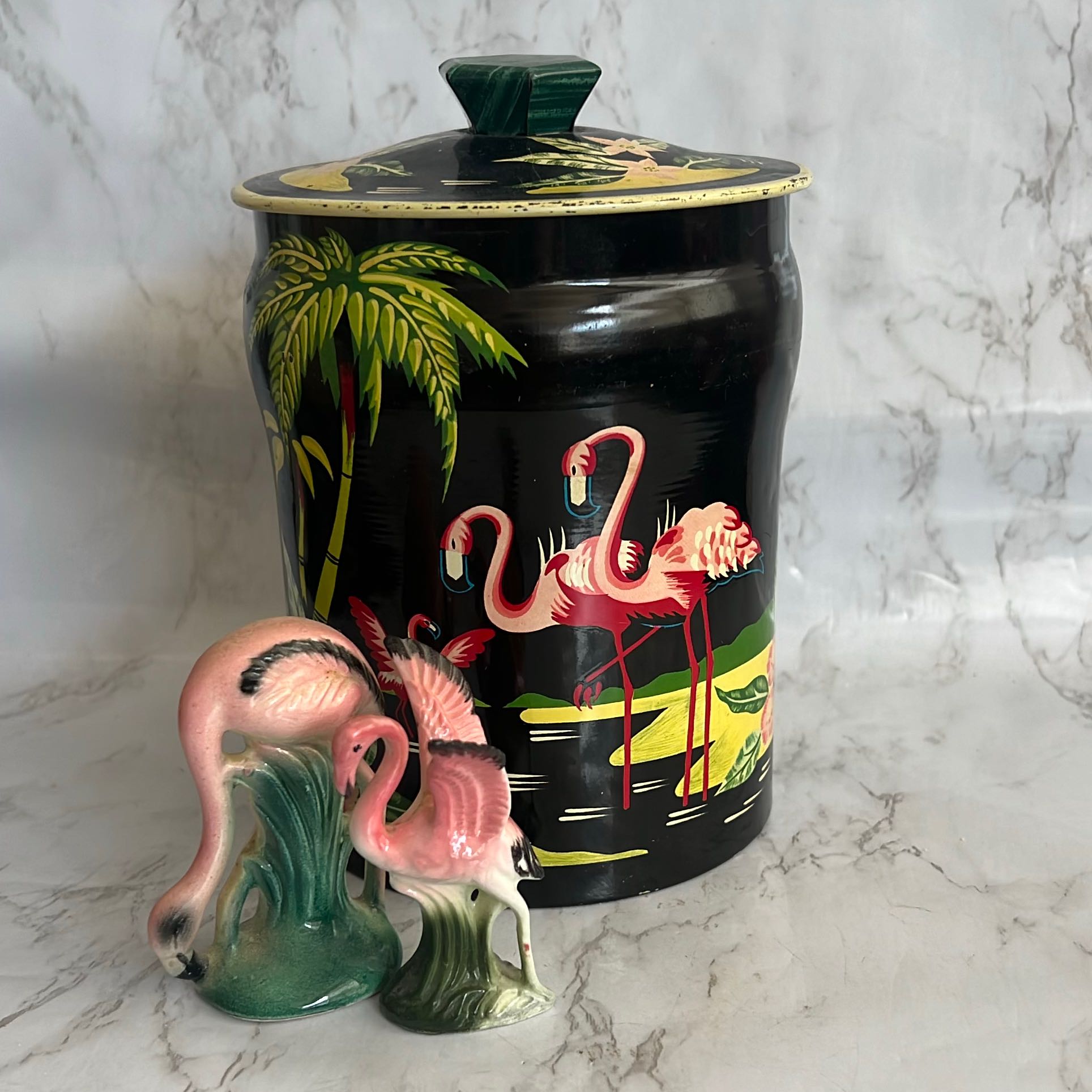 Vintage English Tin With Flamingos- Plus * 2 Ceramic Flamingo Figurines ...