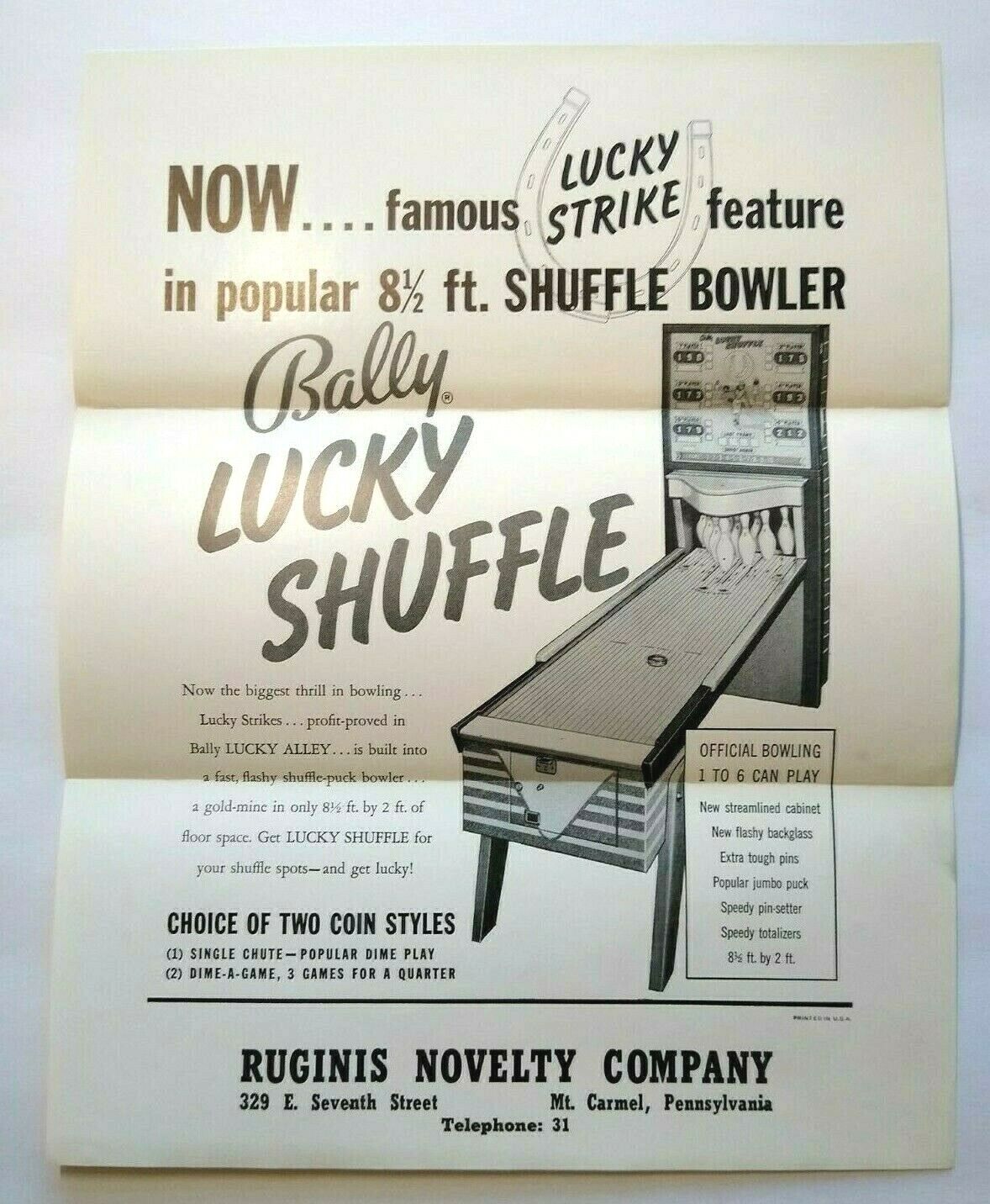 Bally Lucky Shuffle Arcade FLYER Original NOS 1958 Bowling Alley ...