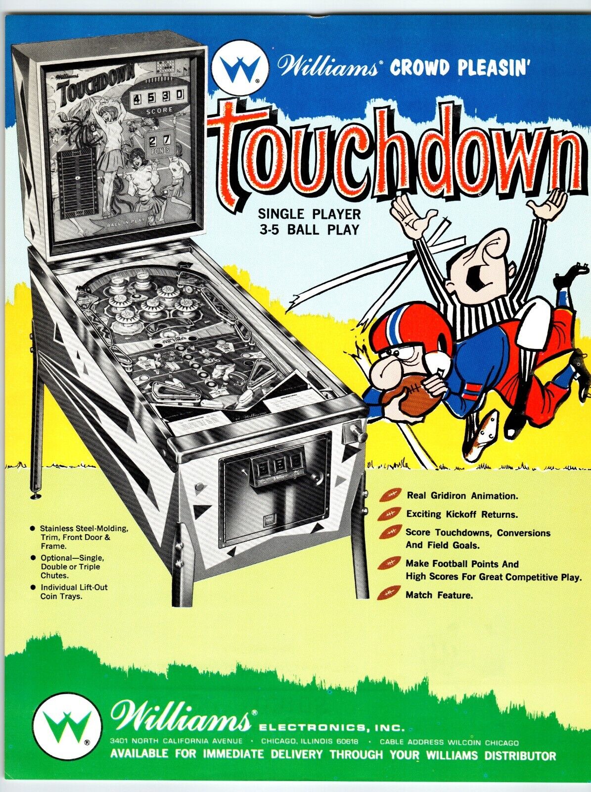 Touchdown Pinball Machine Flyer Original 1967 Game Football Vintage ...