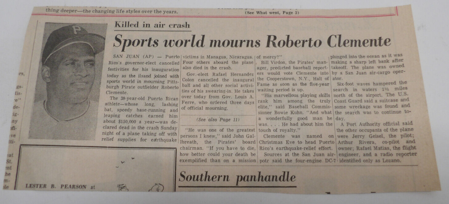 Robert Clemente Death Newspaper Clipping 1973