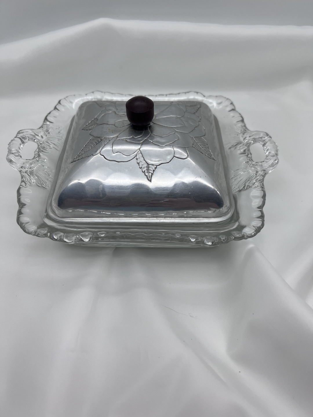 #2030A Vintage Farber Ware Pressed Glass Dish W/Handles and Aluminum ...
