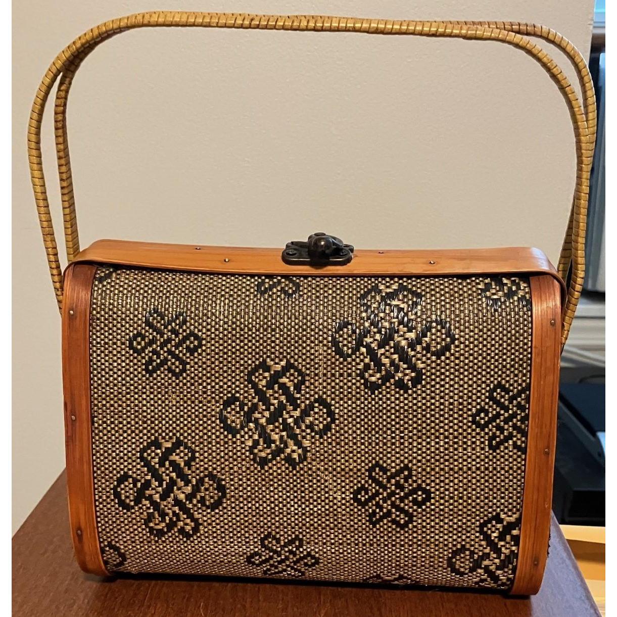 Vintage Wicker Rattan Wooden Handbag with Double wicker handles