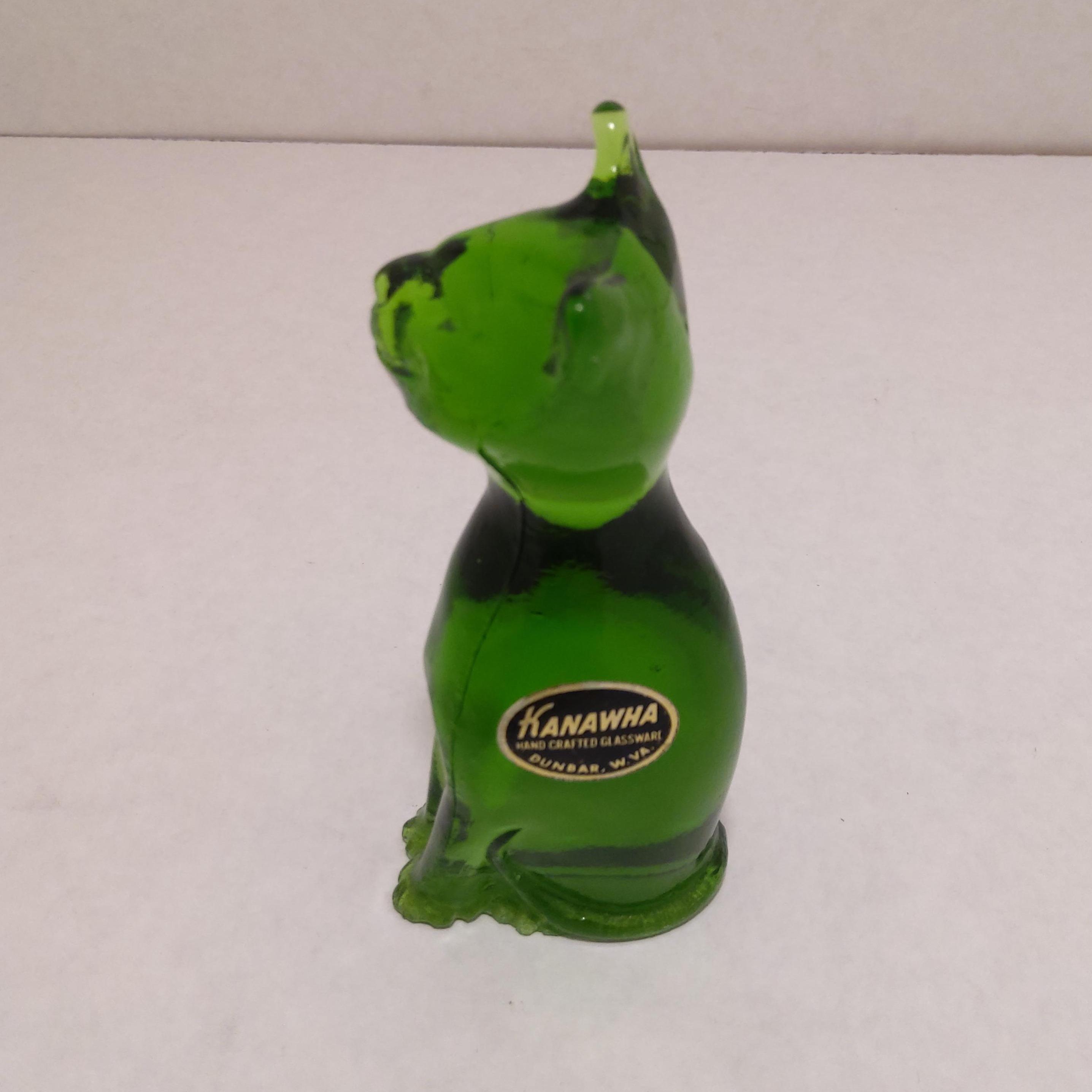 Kanawha Rare Green Glass Smiling Cat Figurine 1960's