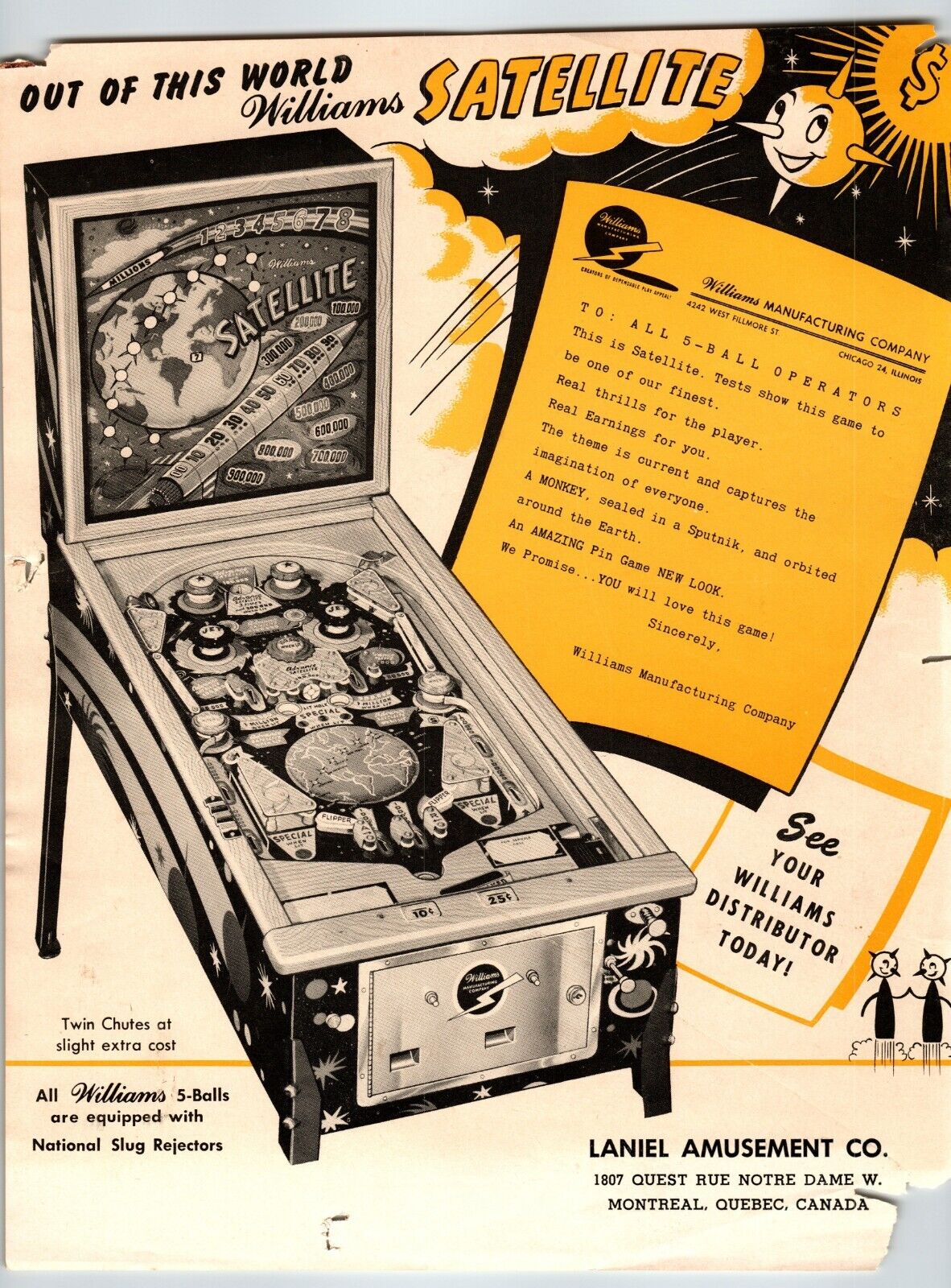 Satellite Pinball Flyer Original Vintage Woodrail Game Space Age ...
