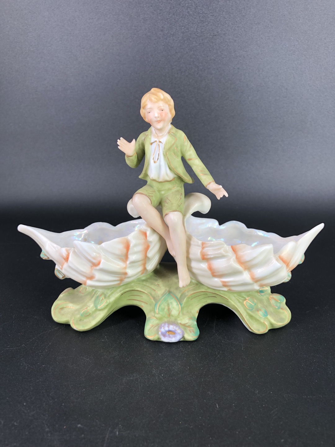 Antique German Bisque Porcelain Vase Planter Boy with Shells AS IS