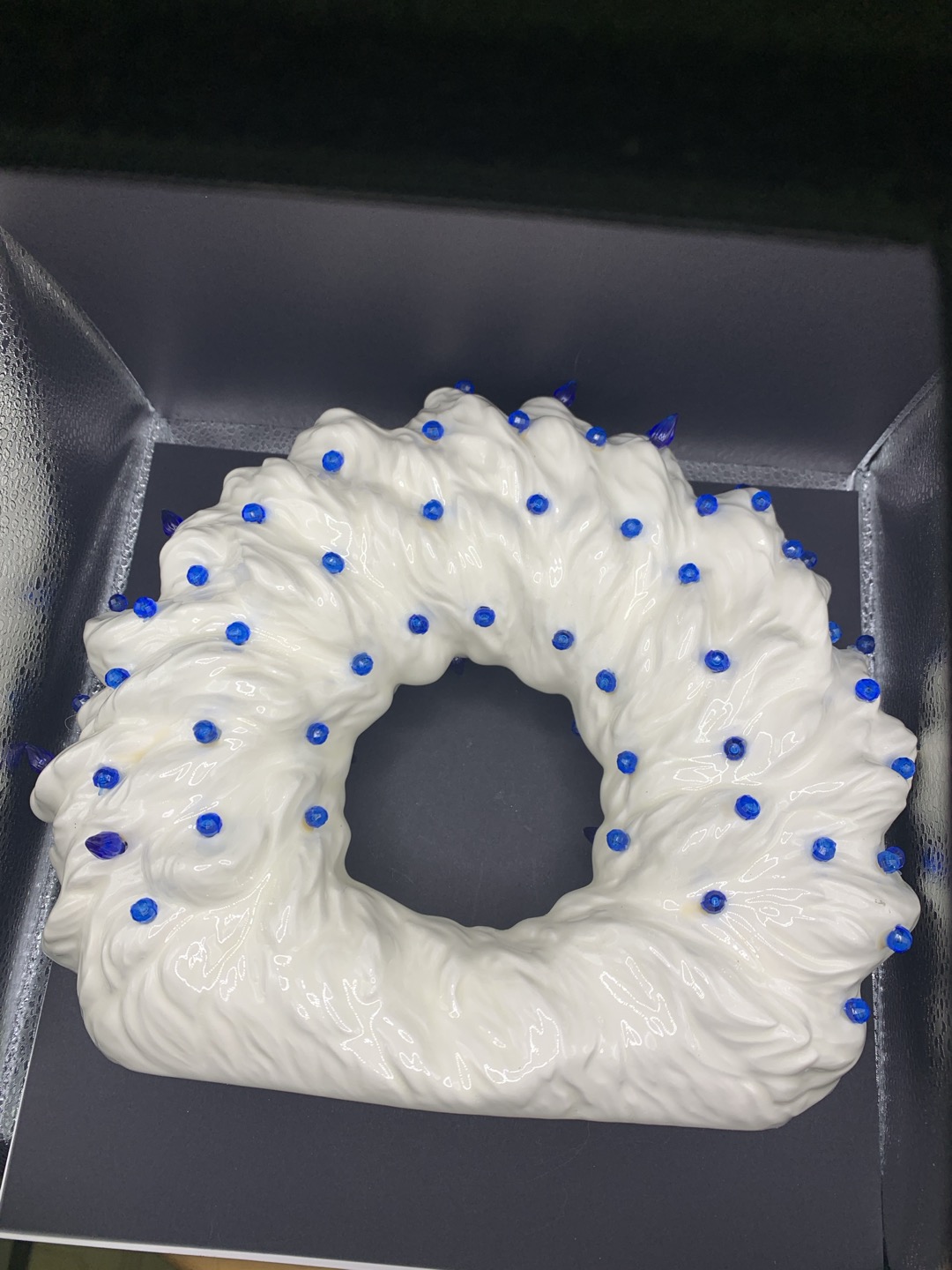 Vintage Ceramic Christmas White Wreath with Blue Bulbs