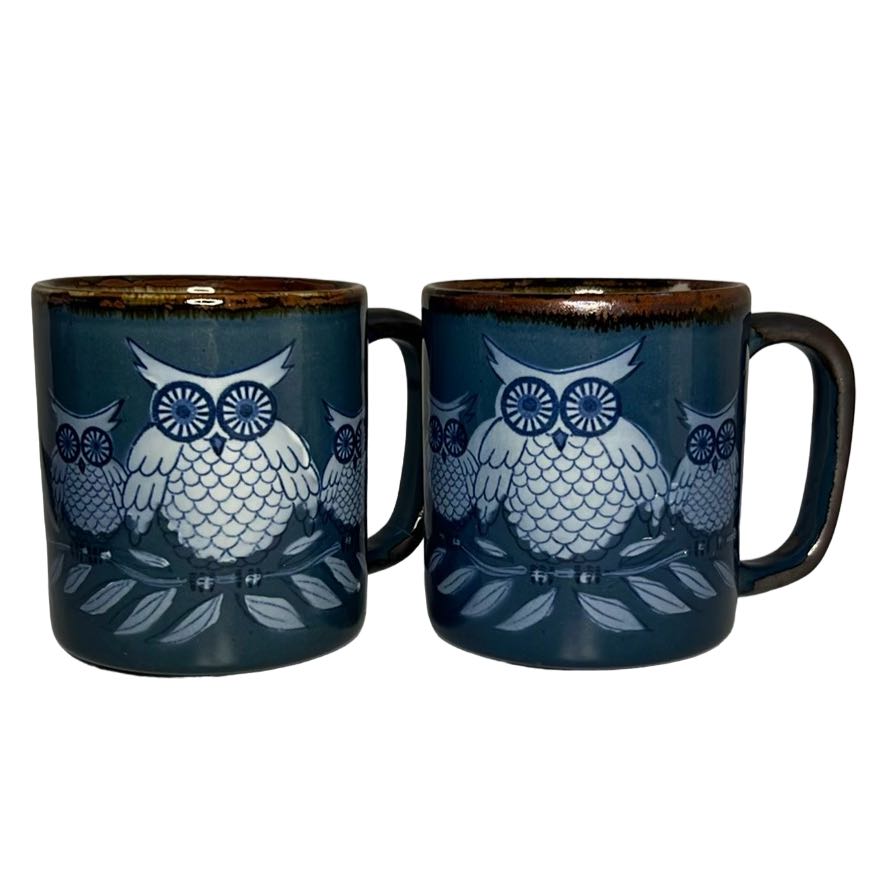 Vintage Owl Stoneware Mugs Pair Blue