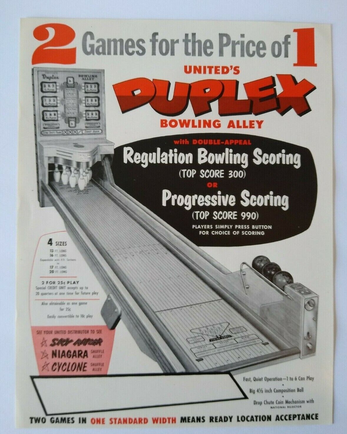 Duplex Arcade FLYER Original NOS Ball Bowler Game Bowling Alley 1958
