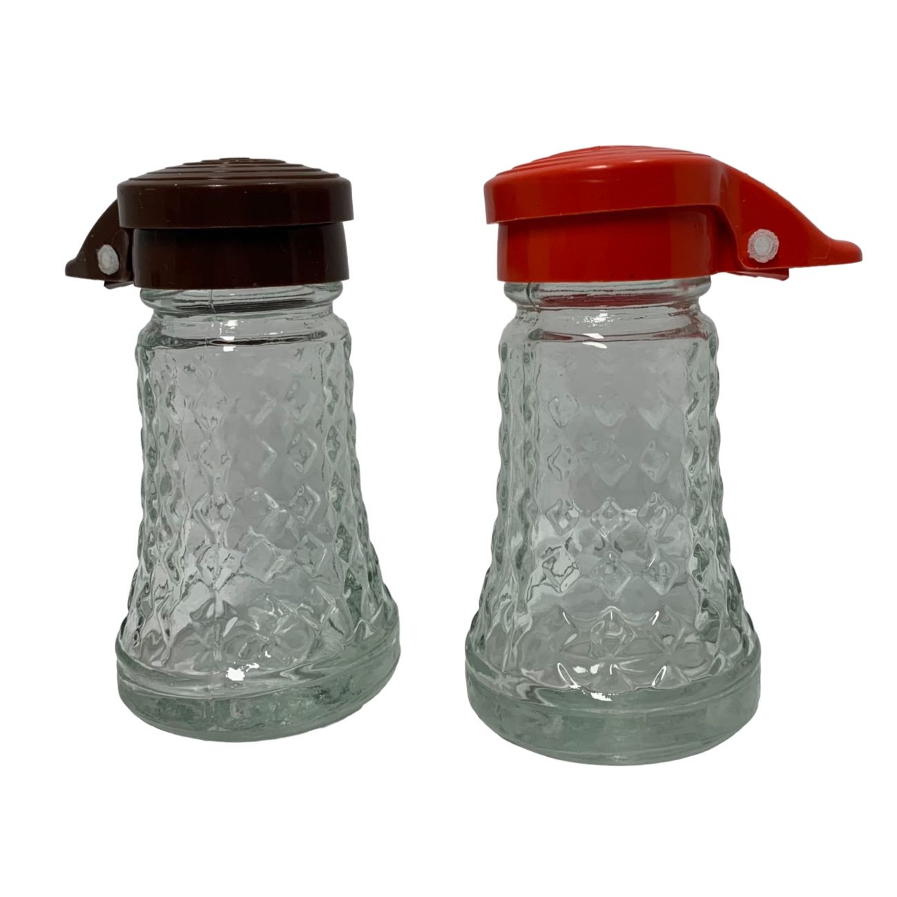 Vtg Daniell’s Flip Top Salt And Pepper Shakers Diamond Pattern Pressed Glass With Plastic Screw ...