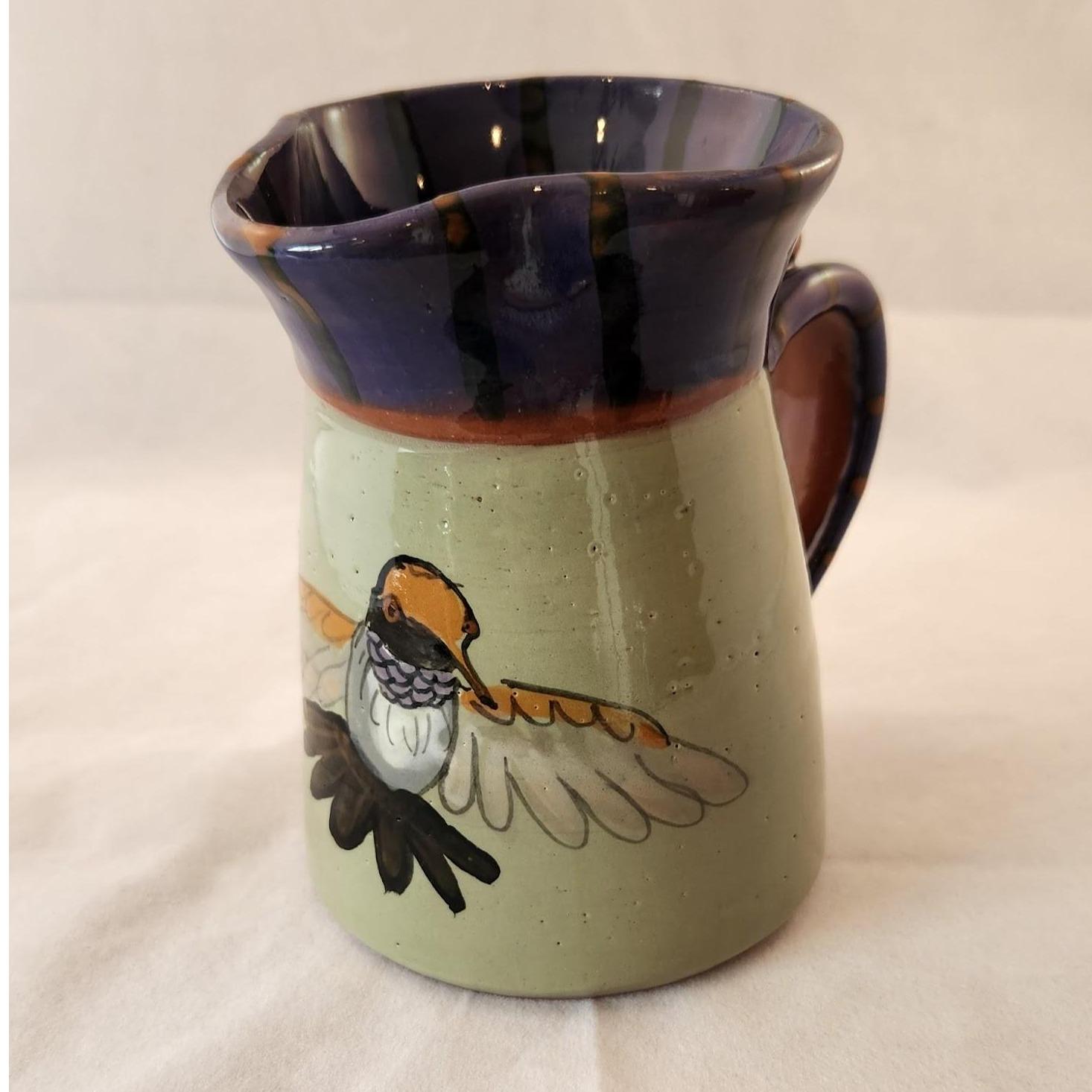 Small Studio Art Pottery Stoneware Hummingbird Pitcher Signed Glazed ...