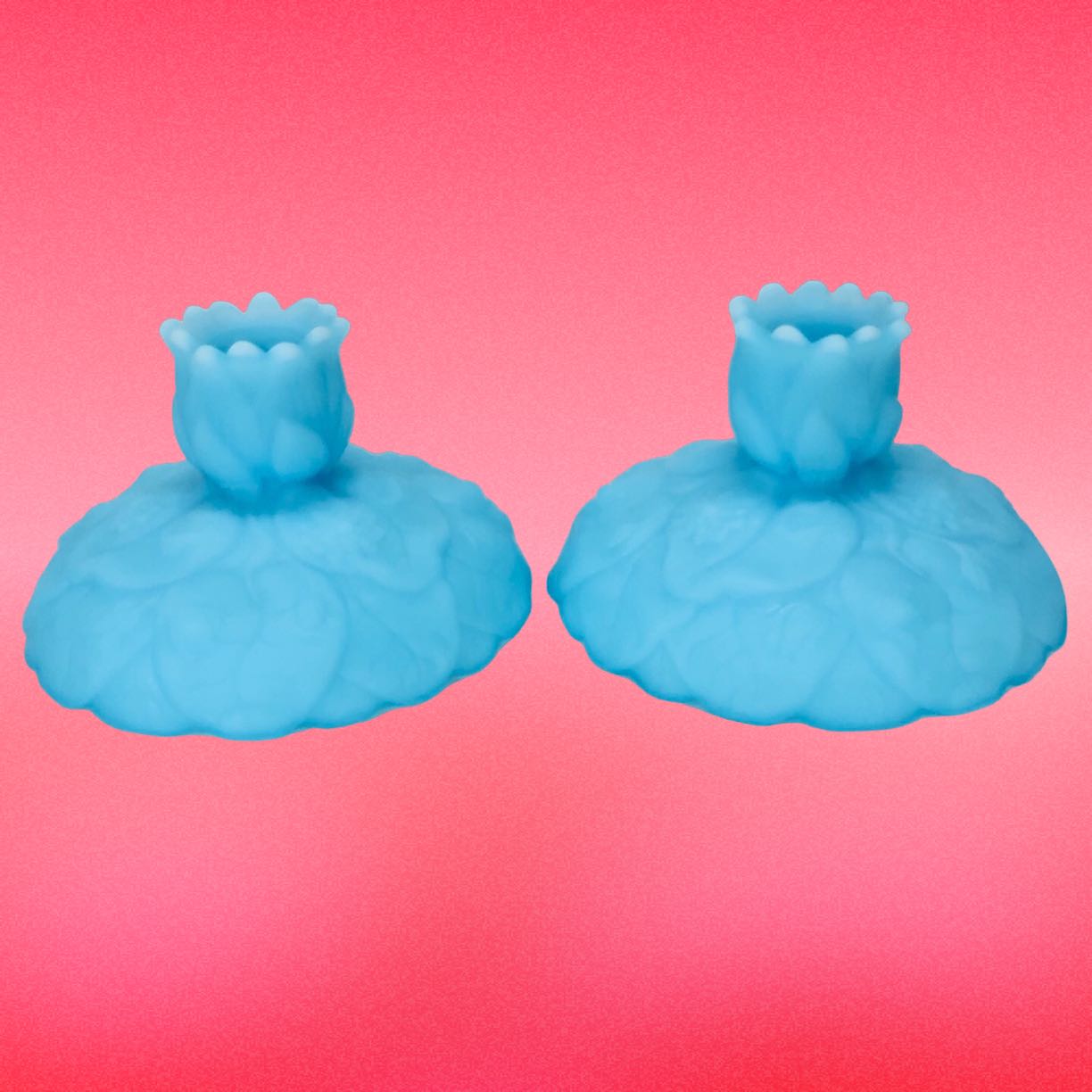 Fenton Satin Blue Custard Water Lily Candle Stick Set