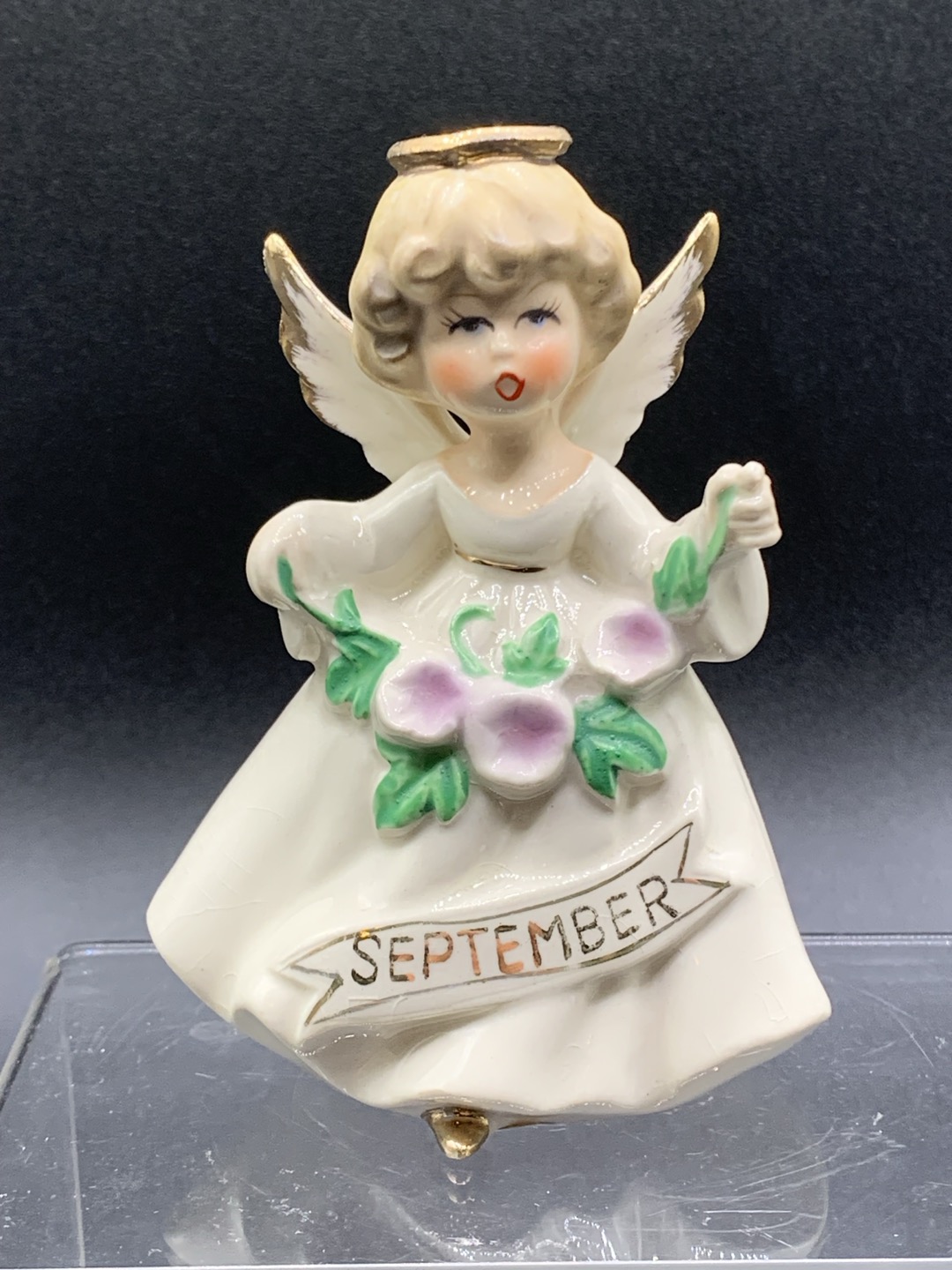 Enesco September Angel Birthday Girl Violets Hand Painted Japan Vintage 4”.