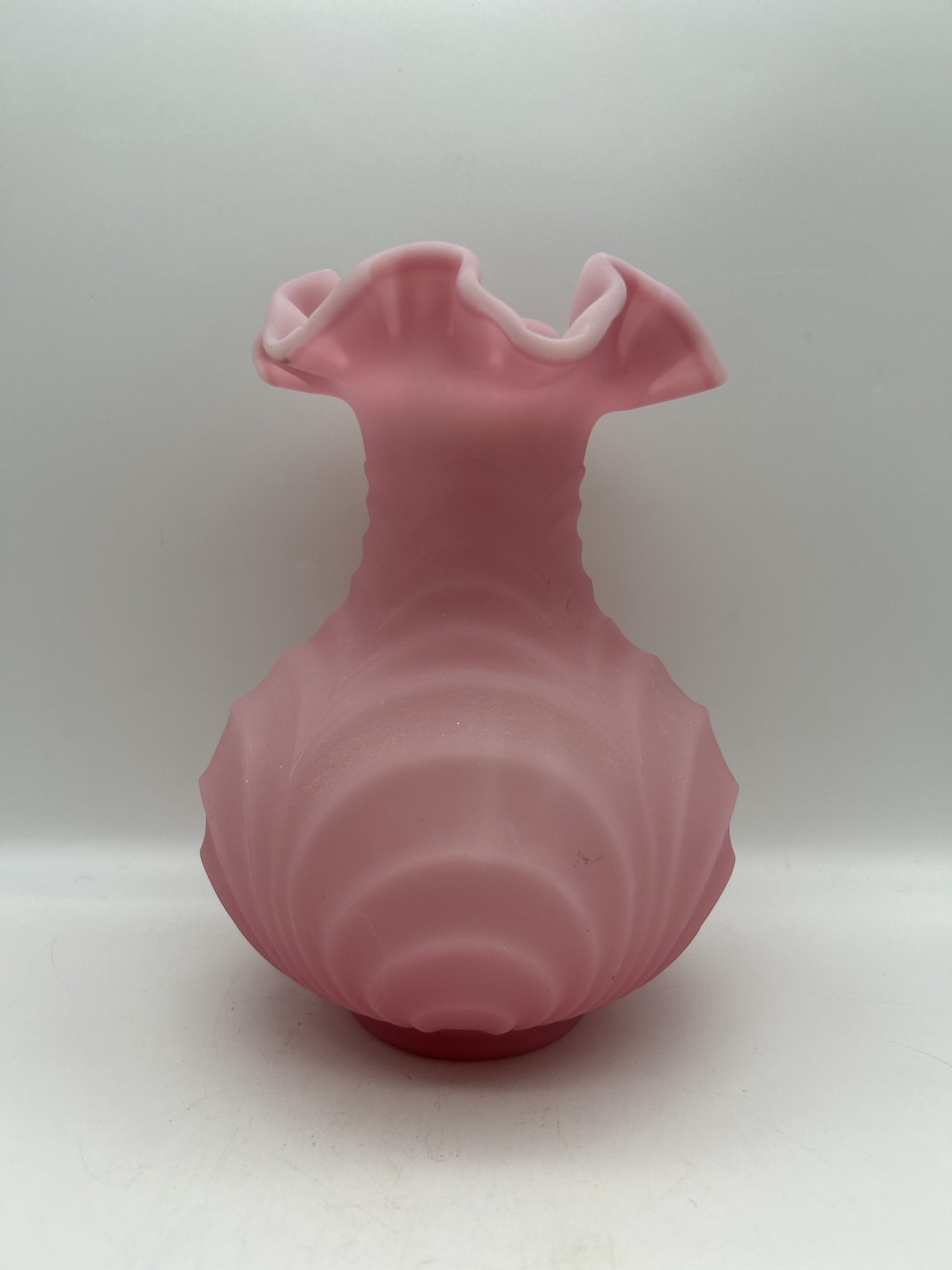 Fenton Glass Satin Rose Pink Ruffle Drapery Vase 8”