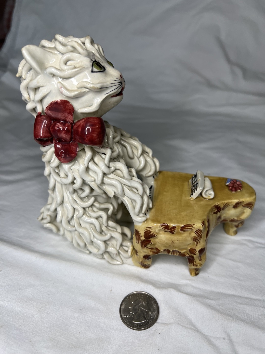 Vtg Spaghetti Pottery Cat Figurine Made In Italy Kitsch