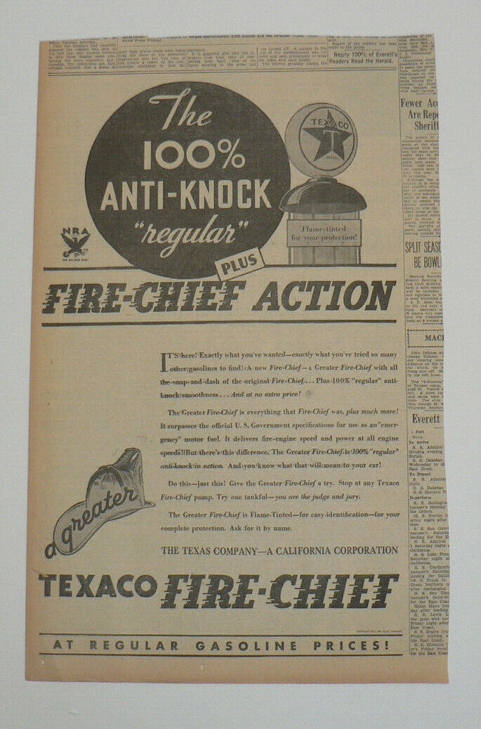 Texaco Fire Chief Gasoline, Large Newspaper Ad, 1933