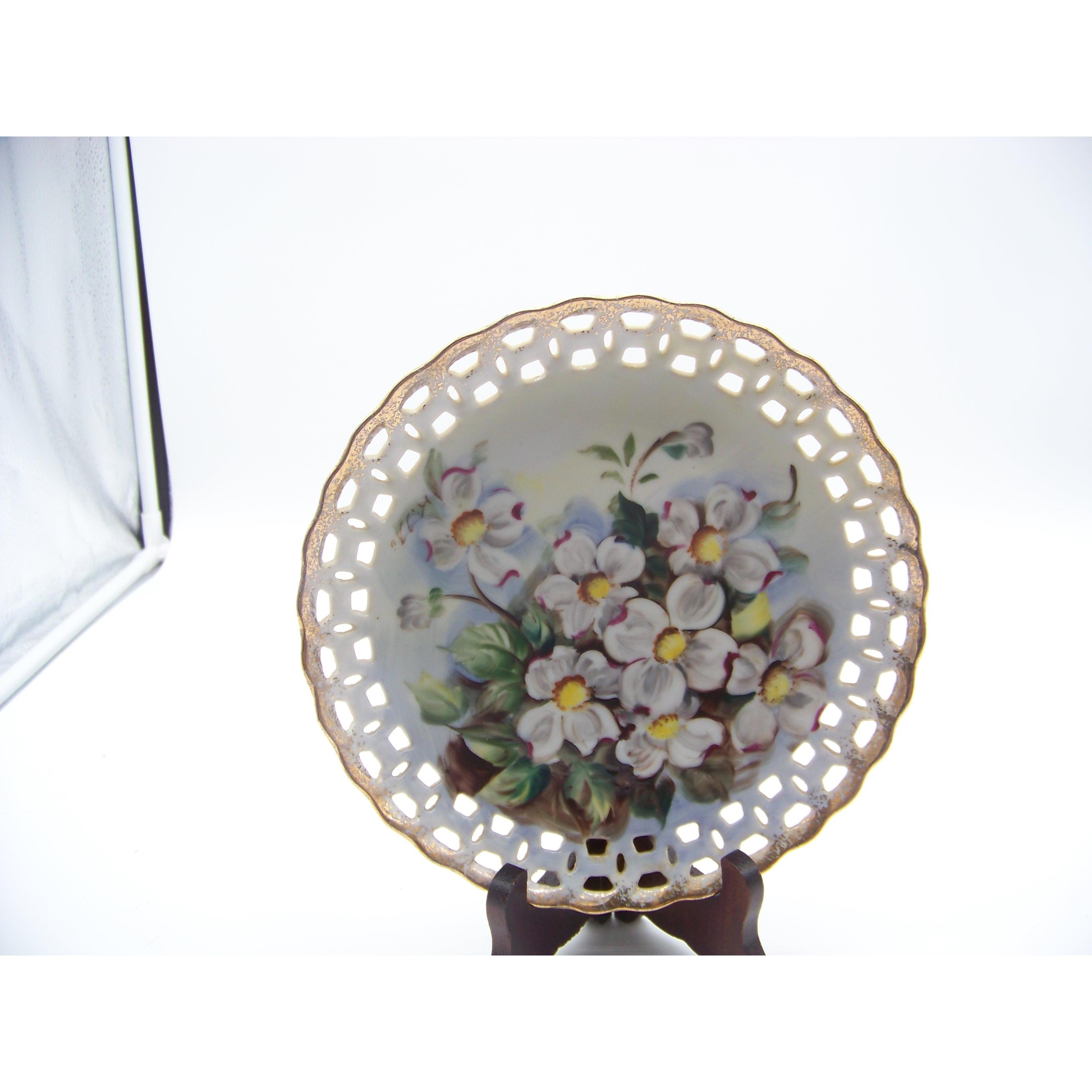 Vintage Scalloped and Pierced Edge Plate with Hand Painted Dogwood ...