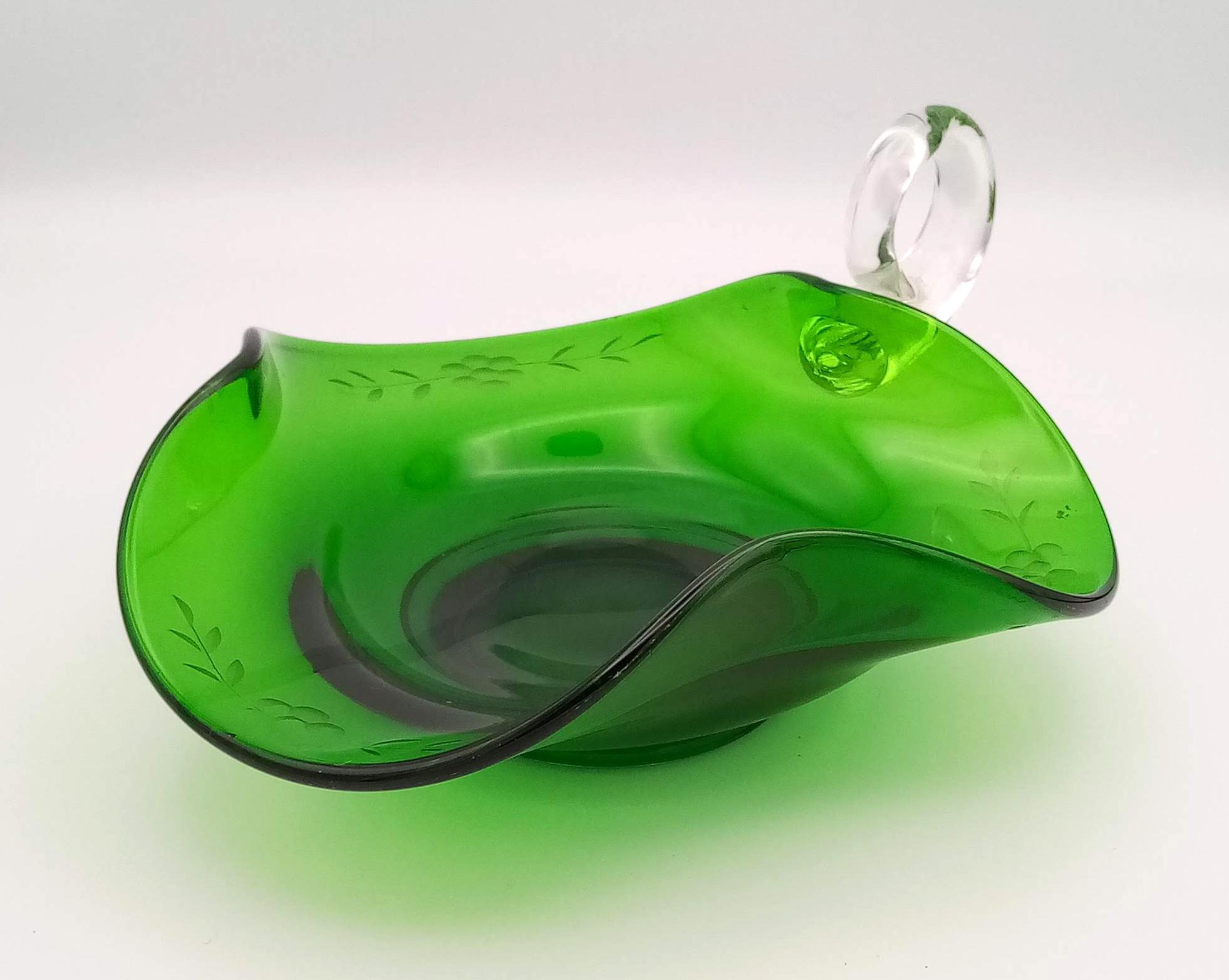 Vintage Emerald Green Glass Etched Nappy Dish, Applied Clear Handle