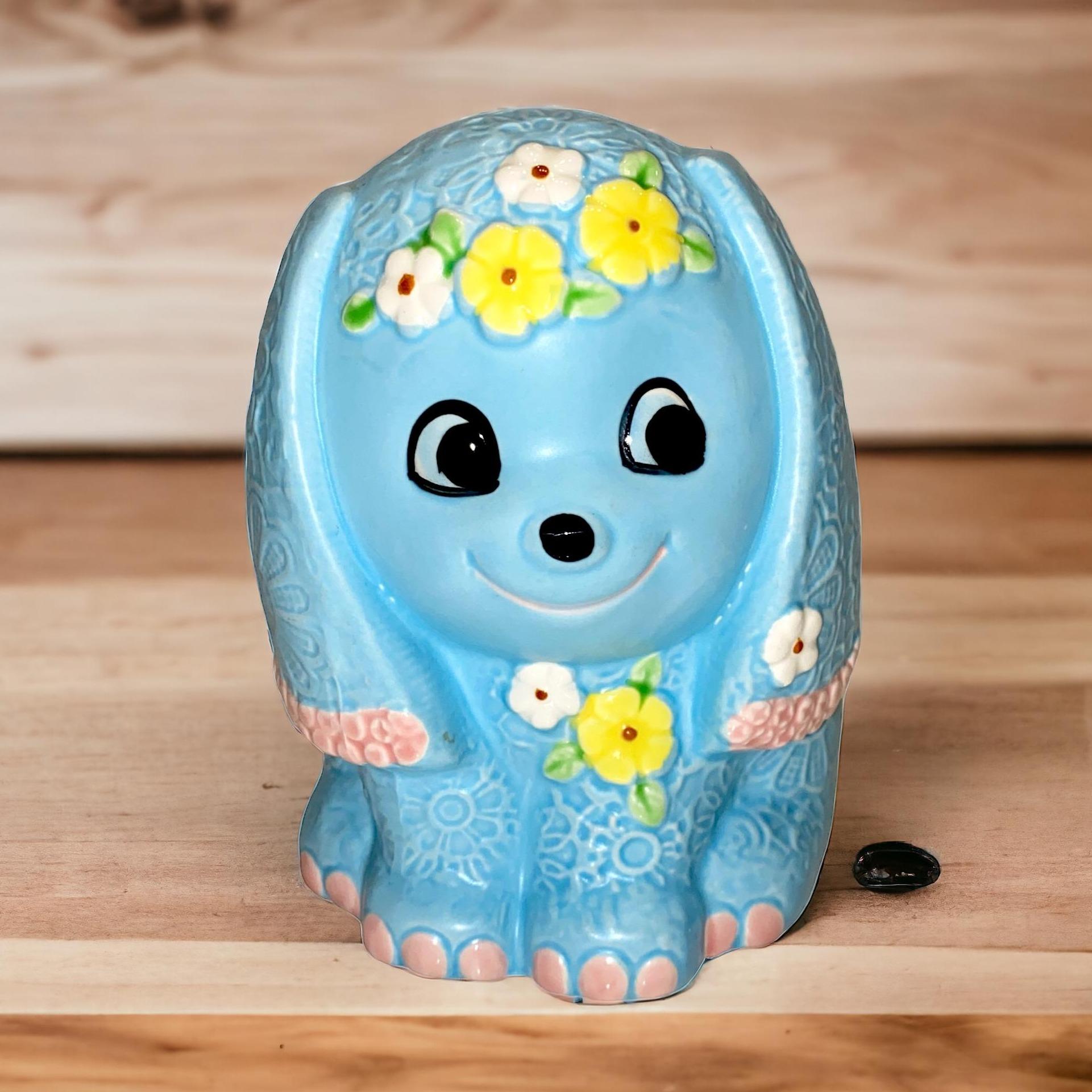 RARE Vintage Kitsch Japan Ceramic Blue Puppy Dog Planter Flowers Flappy ...