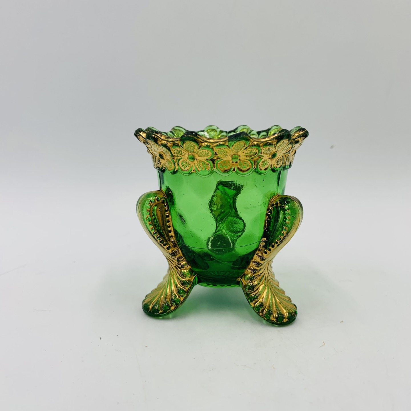 Antique Glass Footed Toothpick Holder Green Optic Glass Gold Painted ...