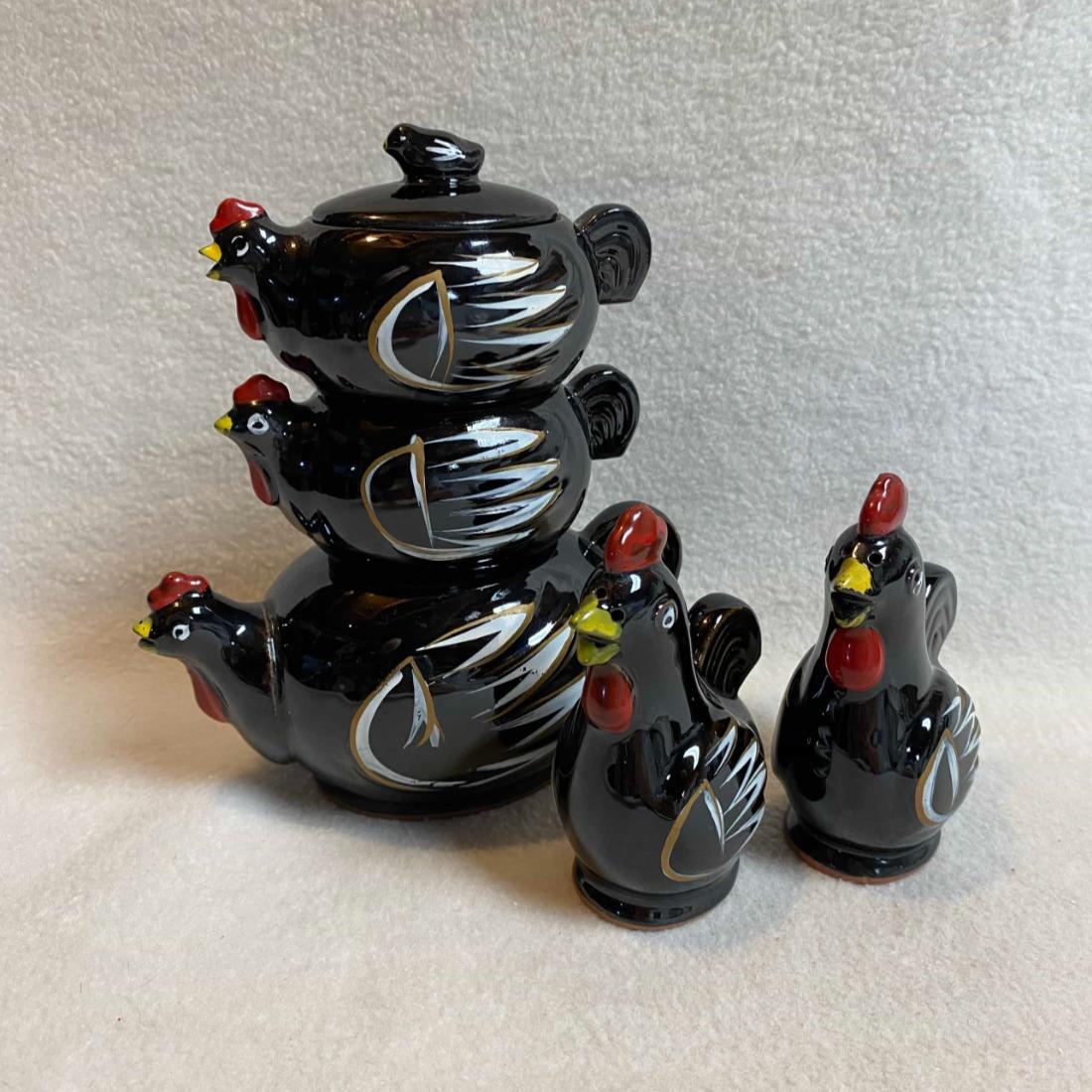 Vintage Stacked Redware Chicken Teapot with Creamer, Lidded Sugar Bowl ...