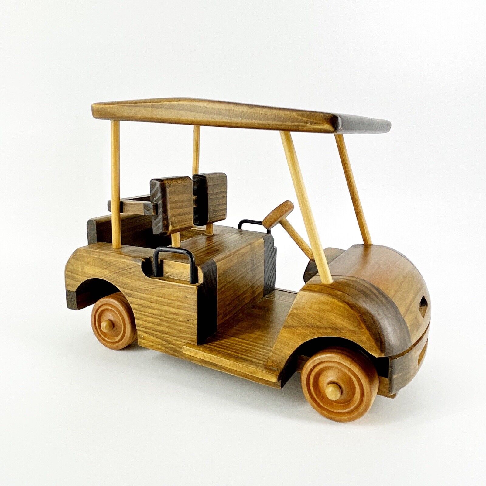 CARVED WOOD WOODEN GOLF CART GOLFING GOLFER DECOR