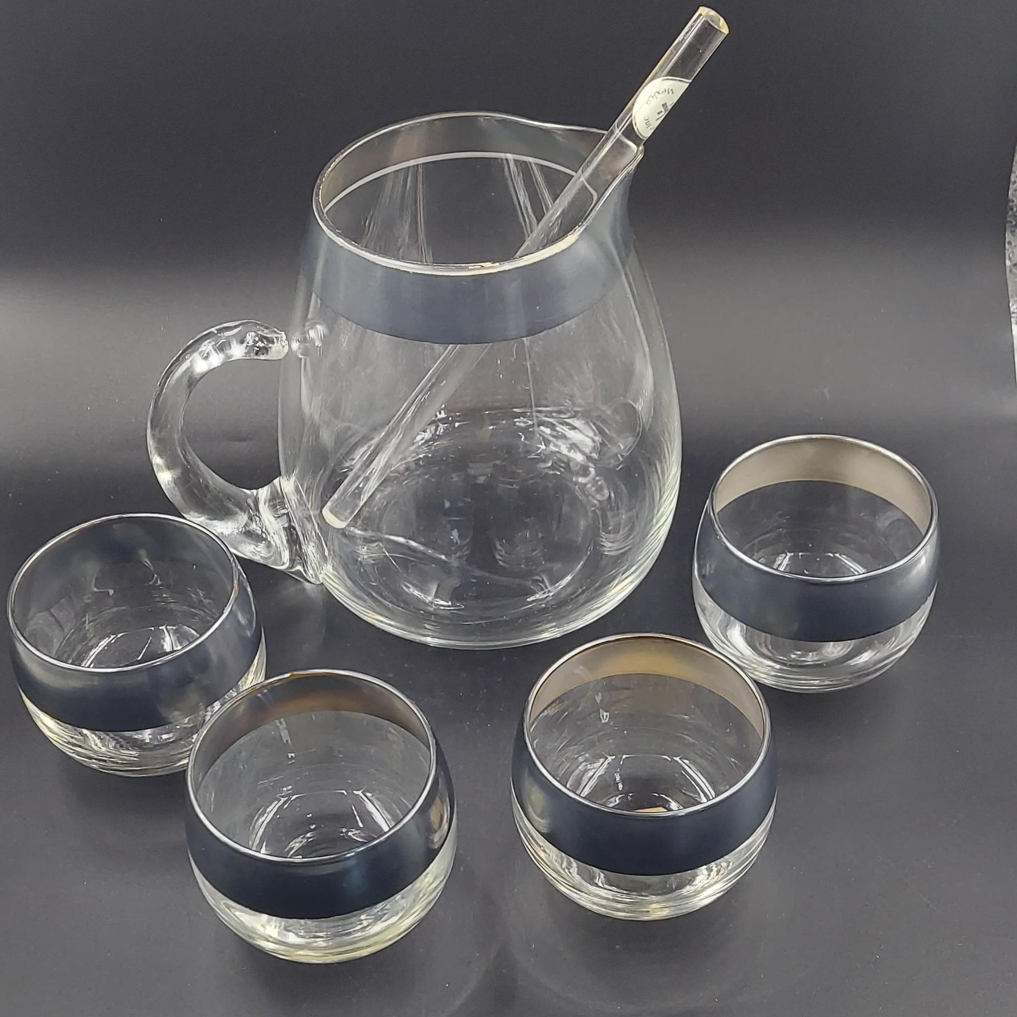 Dorothy Thorpe Sterling Silver On Crystal Pitcher, Stirrer And Four ...