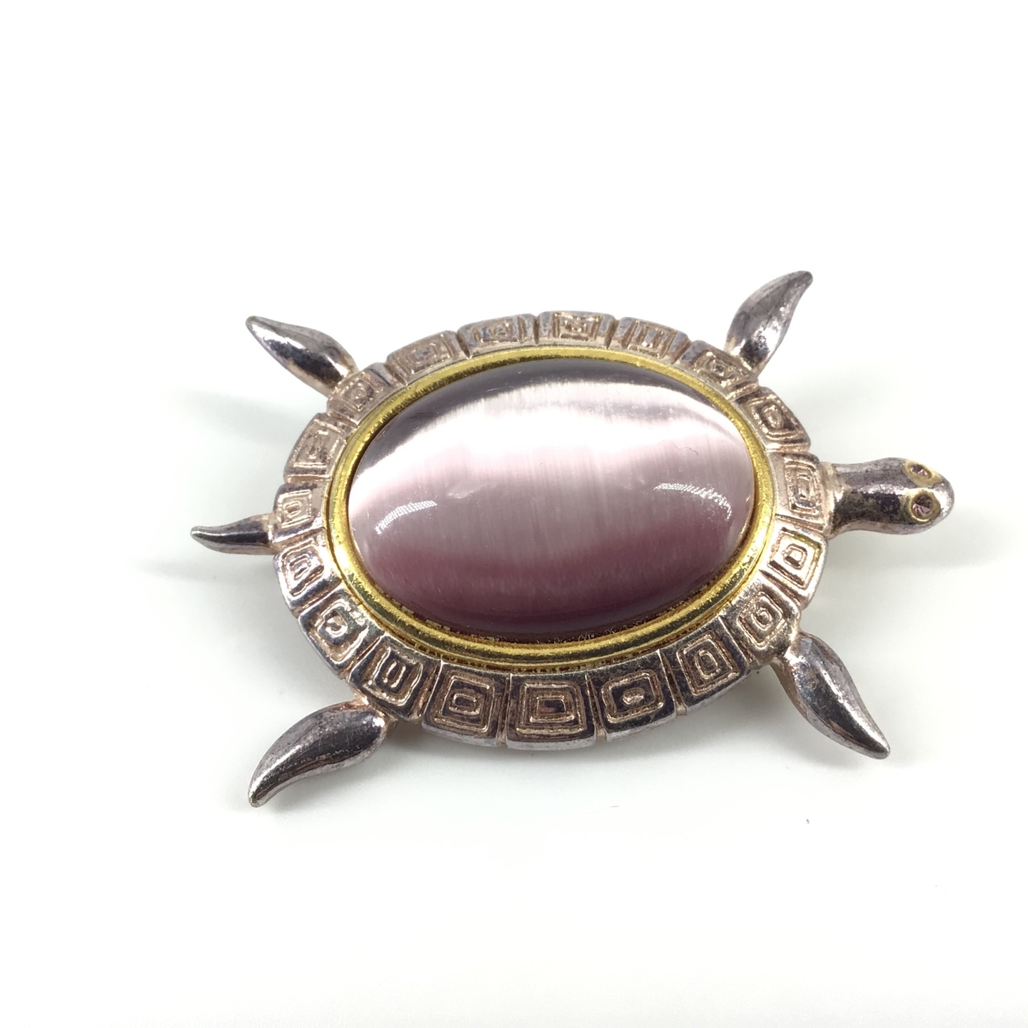 Vintage Purple Cats Eye Turtle Pin With Greek Key Design