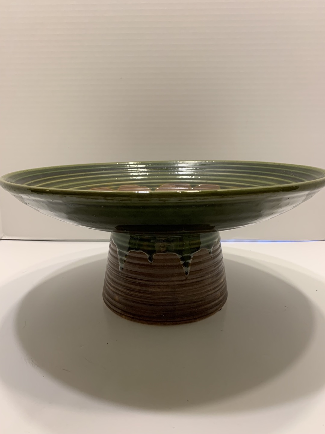 Vintage Green And Brown Pottery Footed Pedestal Dish