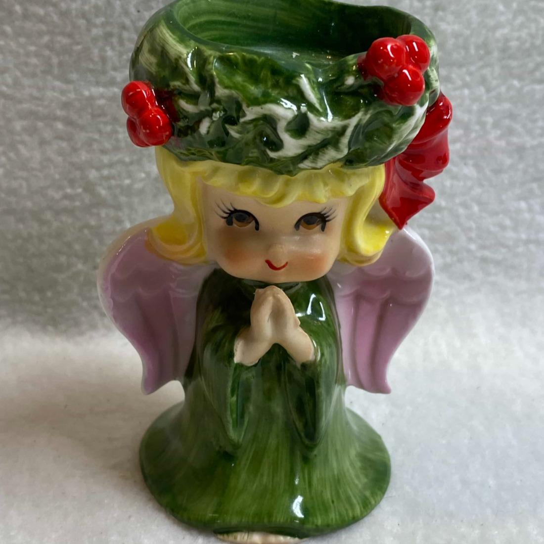 Vintage Lefton Angel in Green Dress Candle Holder (V109)
