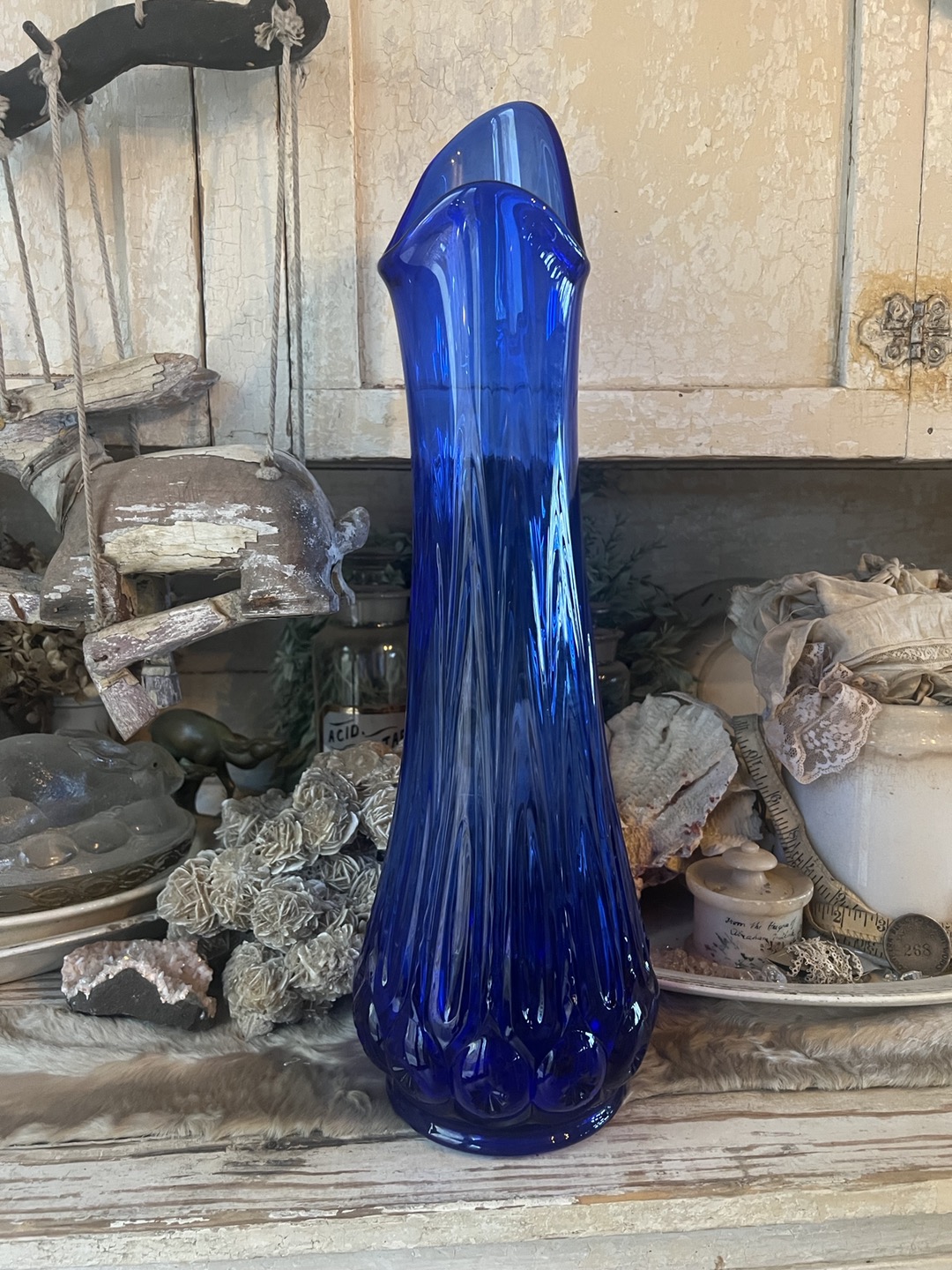 HTF Weishar Glass Cobalt Blue 19” Moon & Stars Swung Vase…
