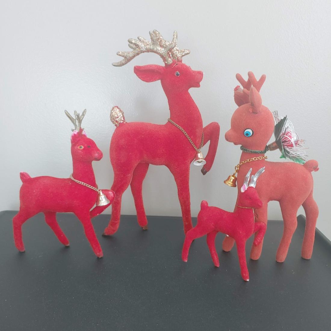4 vintage red flocked reindeer made in Japan Christmas deer