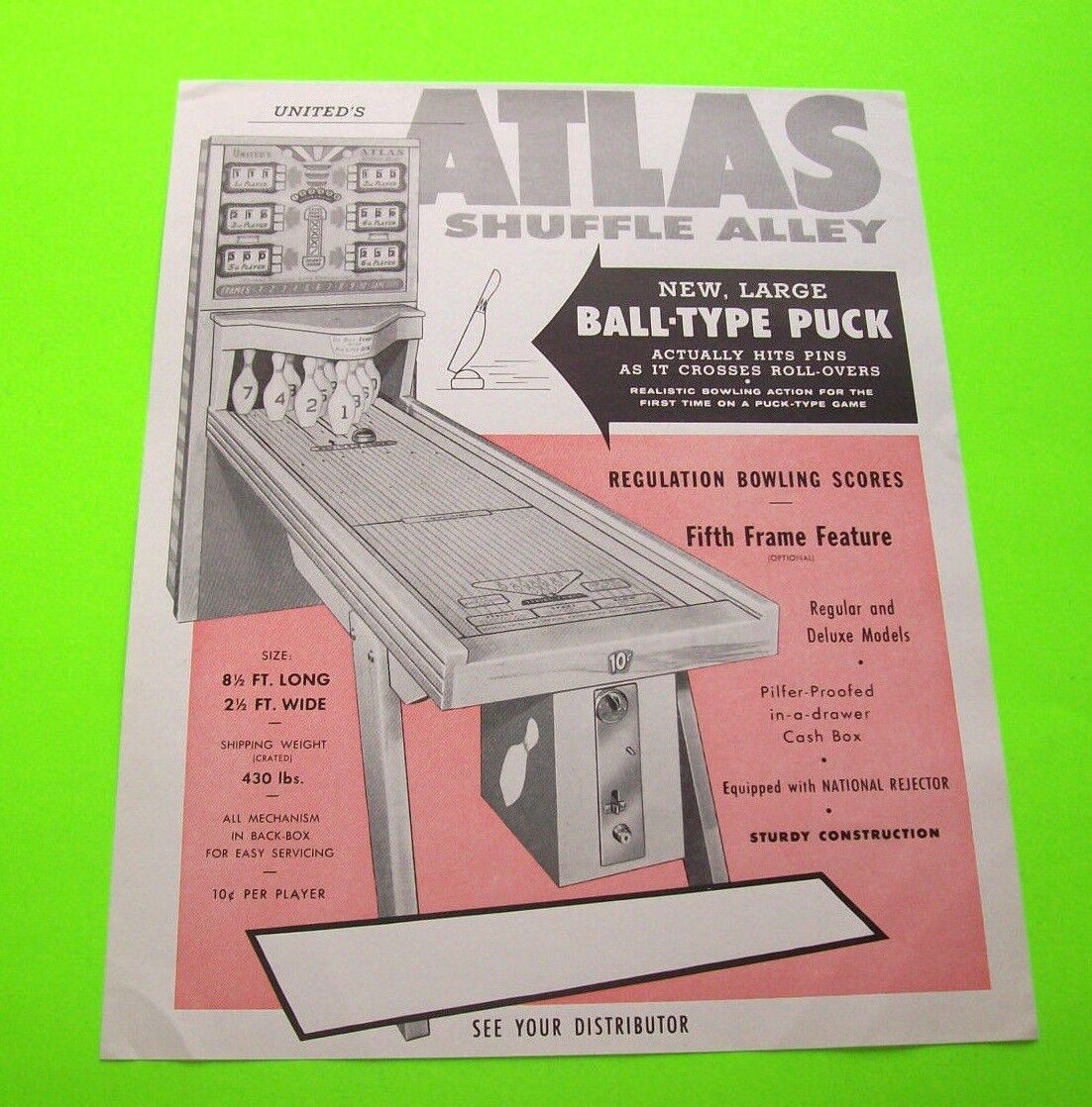 Atlas Shuffle Alley FLYER Original NOS United Bowling Game Artwork ...