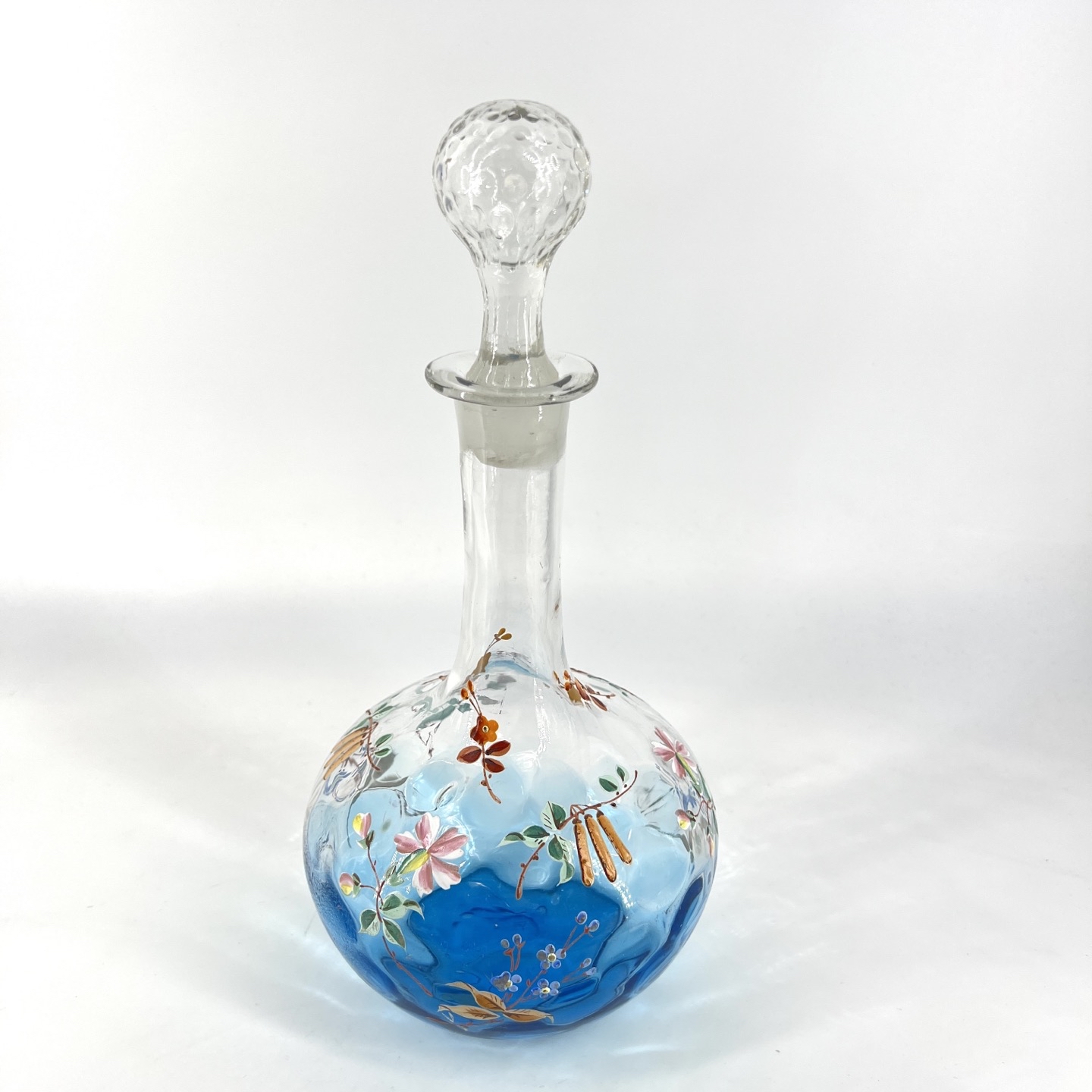 Antique Bohemian Blown Glass Hand Painted Floral Decanter
