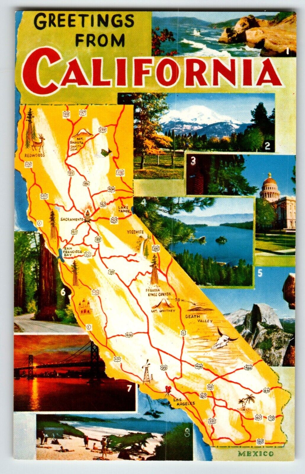 Greetings From California Map Postcard Chrome State Unused Coast ...