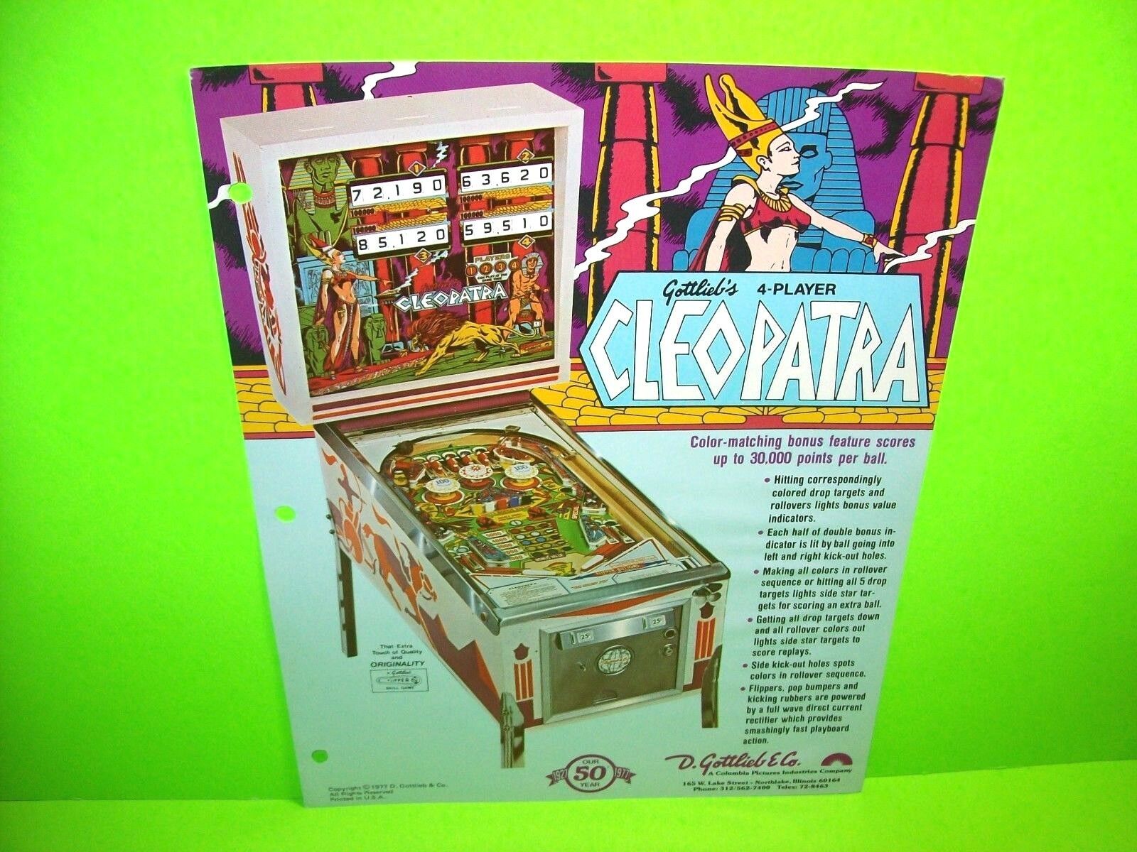 Cleopatra Original 1977 Flipper Game Pinball Machine Promo Sales Flyer ...