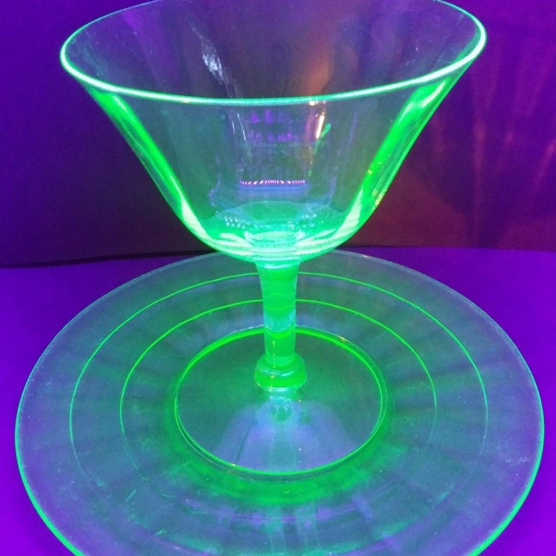 Uranium Green Glass Block Optic Dessert Glass with 6.25" Plate Saucer