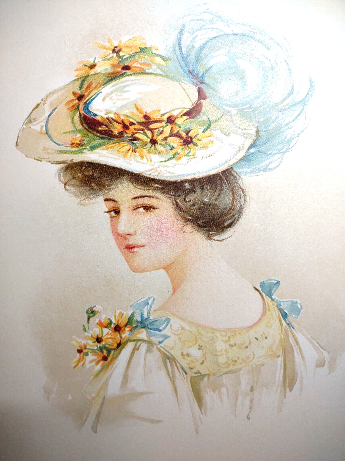 Victorian Art Print Lovely Lady In Flower Feather Hat Lithograph 1908 ...