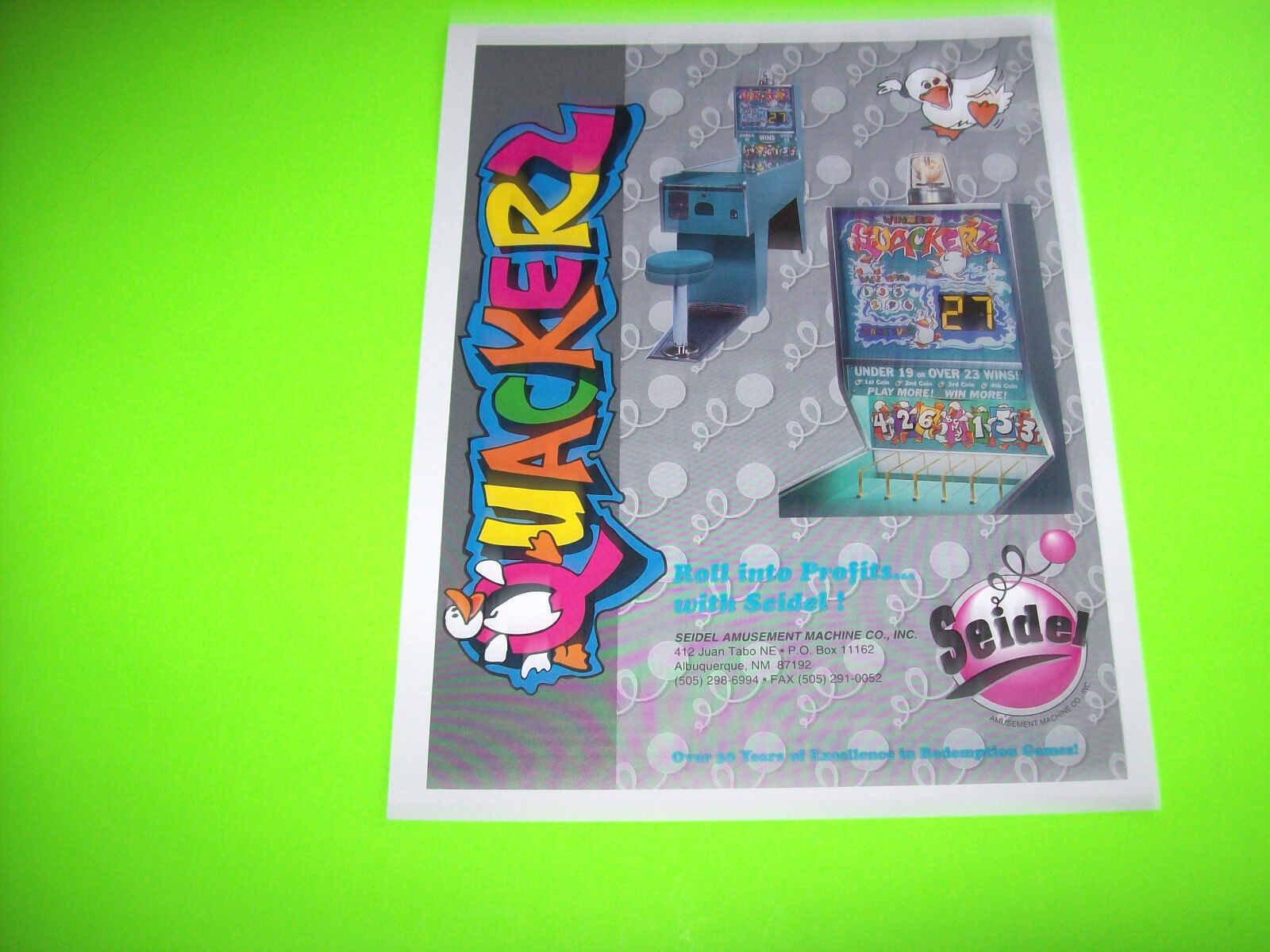 QUACKERS ORIGINAL NOS ROLL DOWN REDEMPTION ARCADE GAME MACHINE FLYER