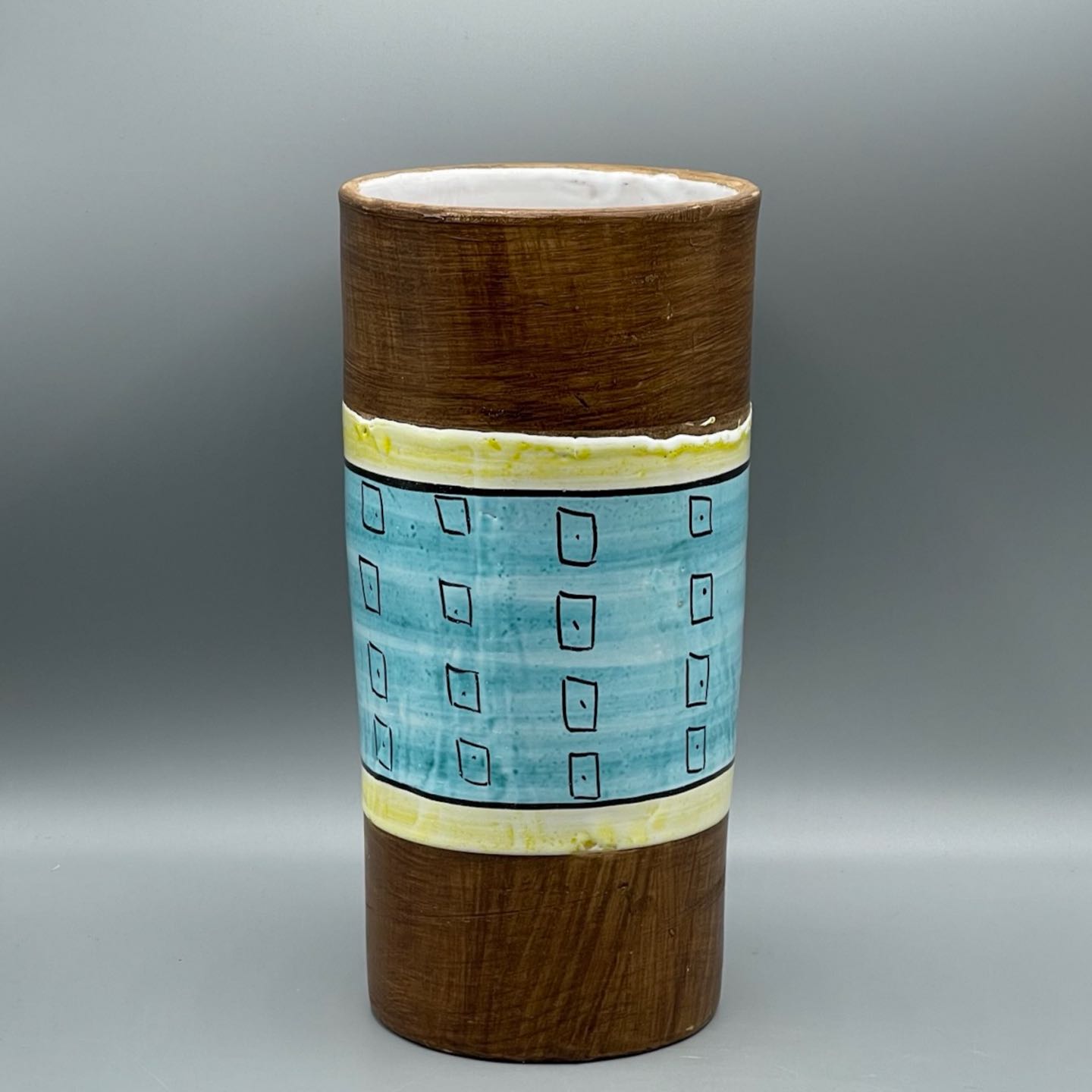 Vintage Italian Pottery Cylinder Vase Blue Yellow Brown MCM Mid Century ...