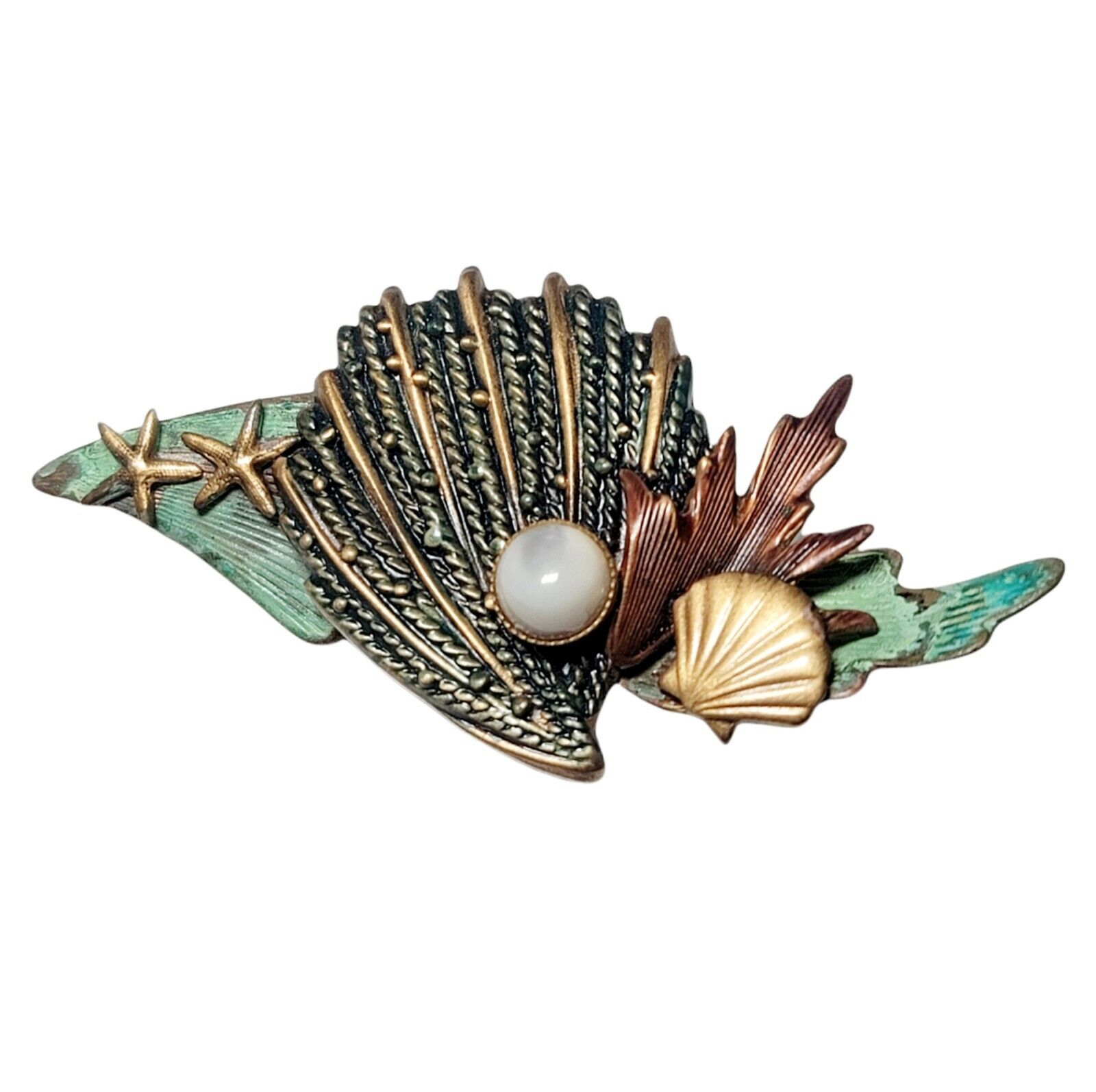 Vintage Ocean Beach Seashell Metal Costume Jewelry Green Brooch Pin