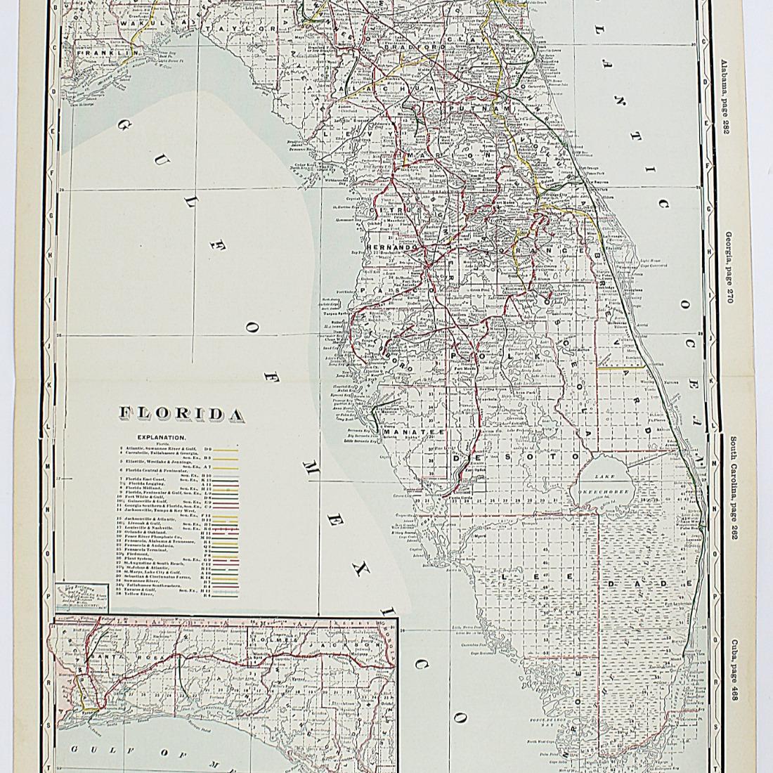 Railroad Map of Florida circa 1900 Large 22 1/2 x 17 1/2 Full Color ...