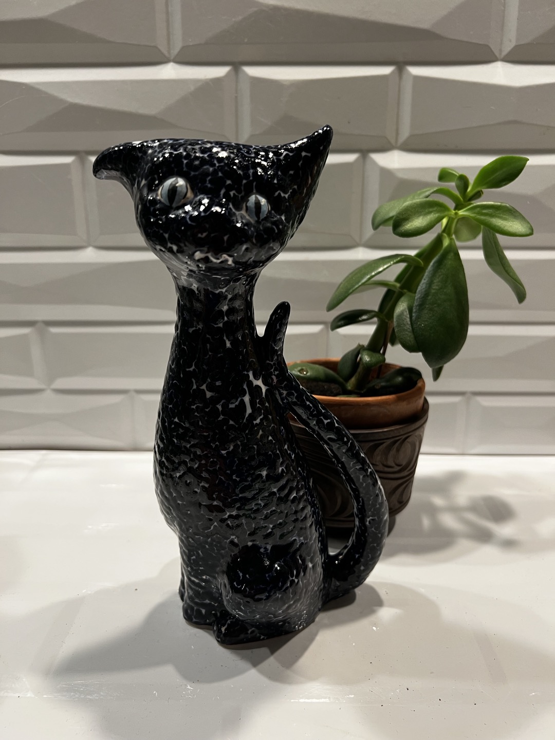 Kitschy Cat Shaped Pitcher Tail Is Handle Ear Is Spout Speckled Blue
