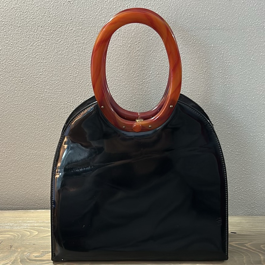 Patent Leather Vintage Black Tortoise Shell Handle Purse