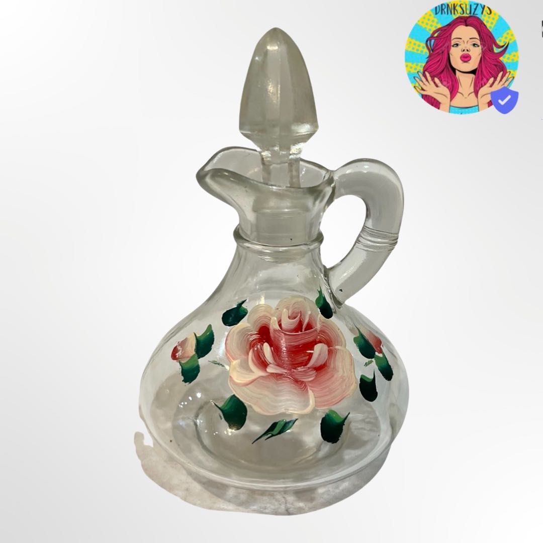 Vintage Hand painted Pink Roses cruet Bottle Jar Lidded