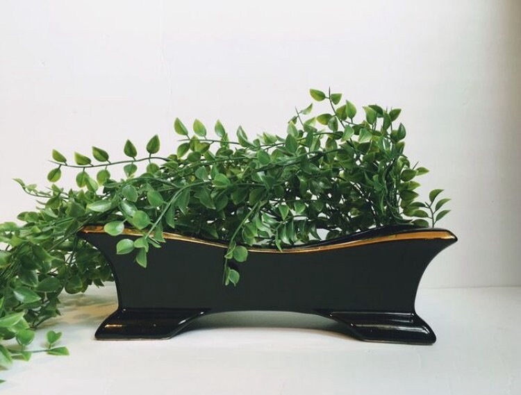 MCM Planter Jet Black Gold Trim Stanford Ware Minimalist Decor